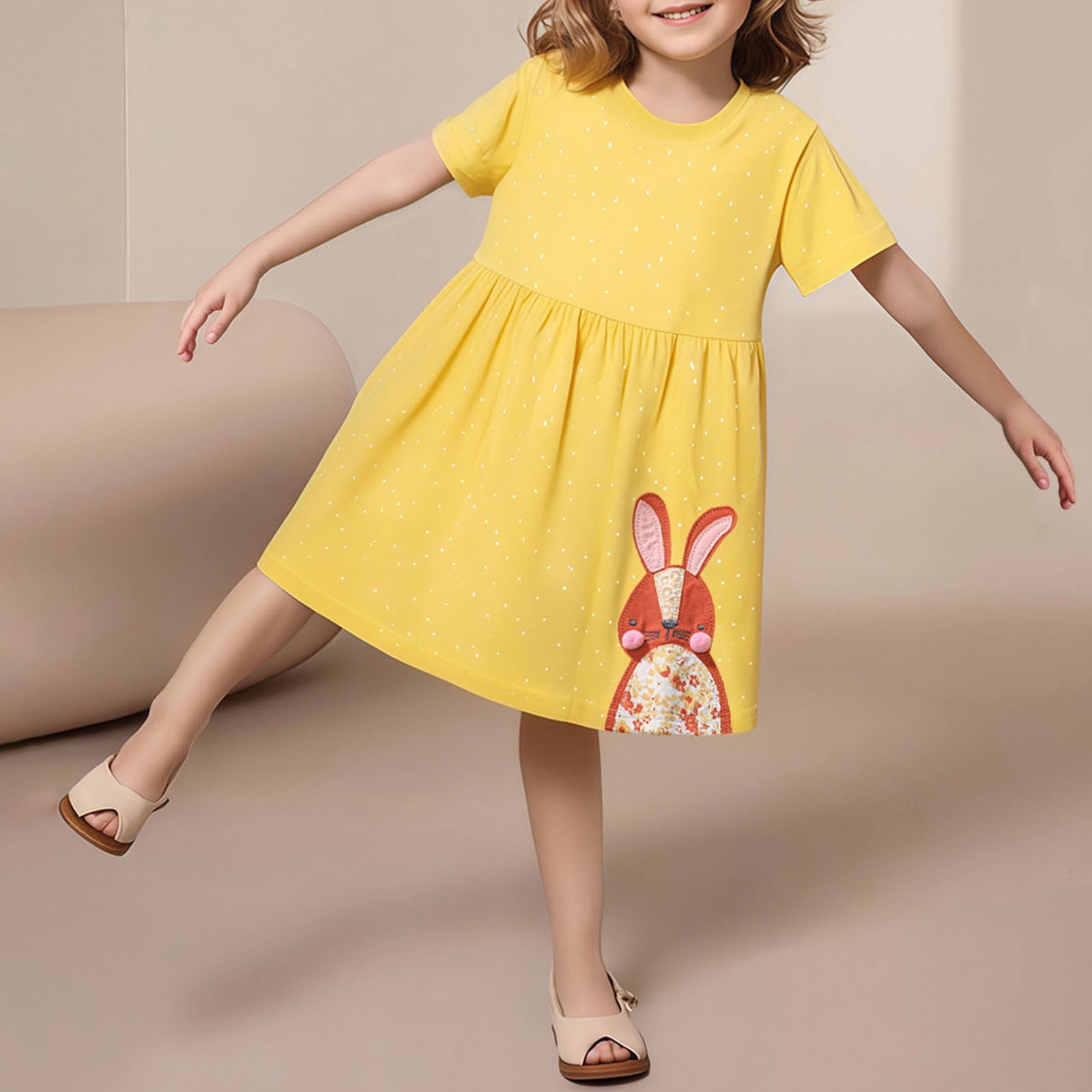 JIAYUE Girls Spring Dresses Cartoon Print Short Sleeve Drop Shoulder ...