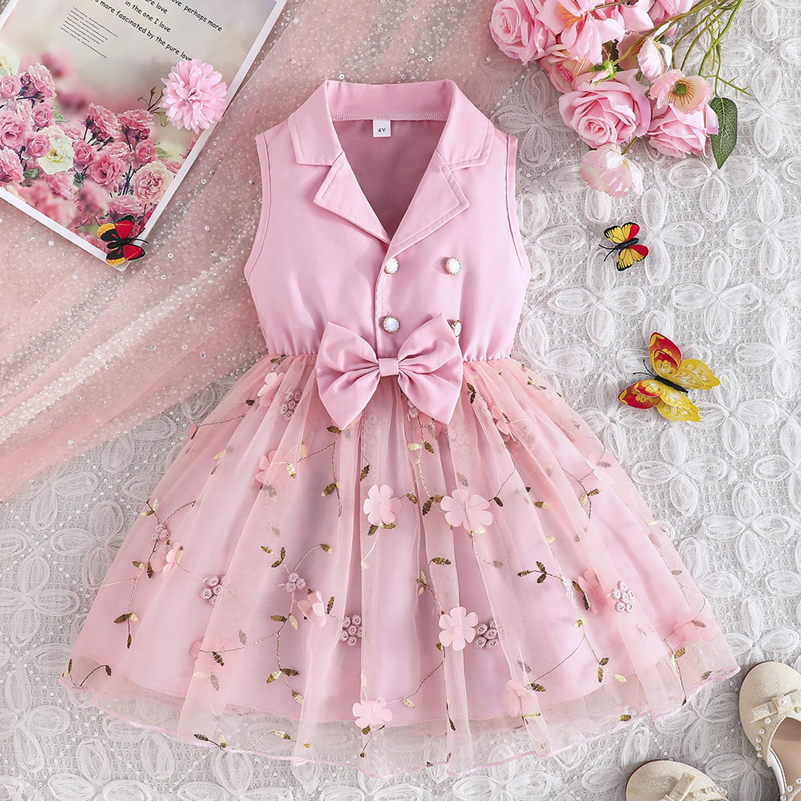 JIAYUE Girls Spring Dresses Floral Sleeveless Collared Mid Length ...