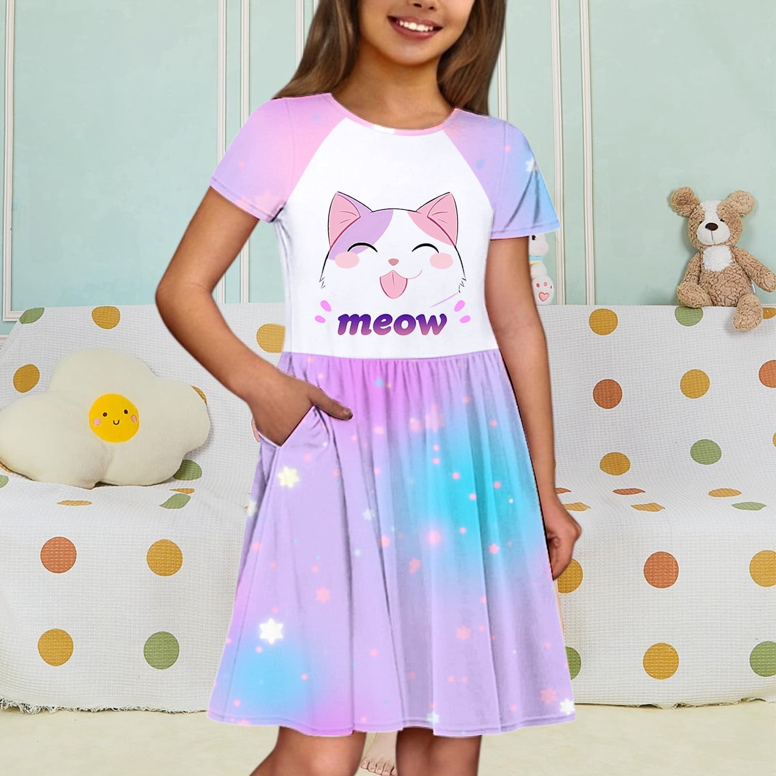 JIAYUE Girls Spring Dresses Short Sleeve Cartoon Print Drop Shoulder ...