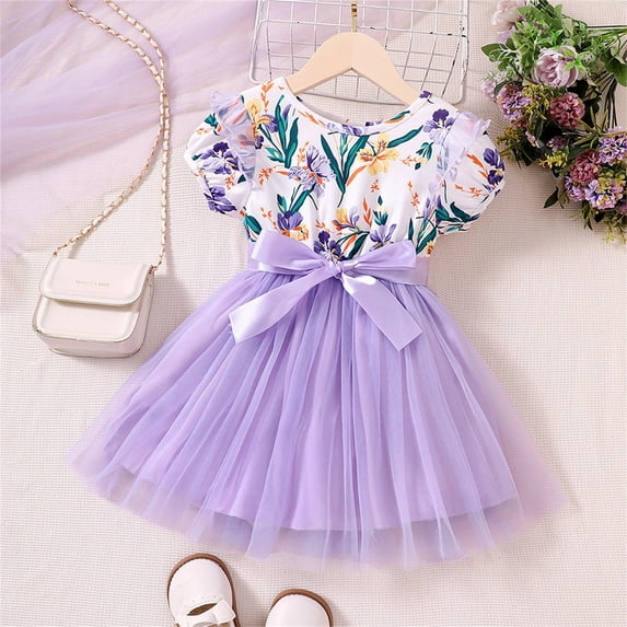 JIAYUE Girls Spring Summer Dresses Floral Short Sleeve Drop Shoulder ...