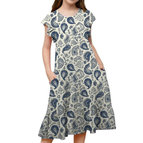 JIAYUE Kids Girls Spring Dresses Printed Short Sleeve Drop Shoulder ...