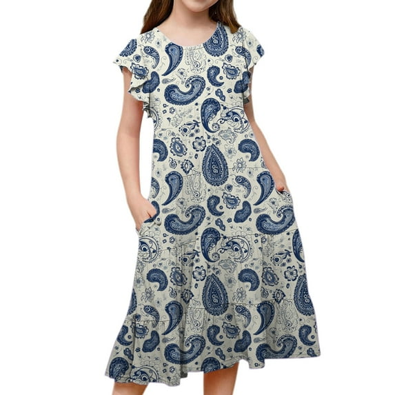 JIAYUE Kids Girls Spring Dresses Printed Short Sleeve Drop Shoulder ...