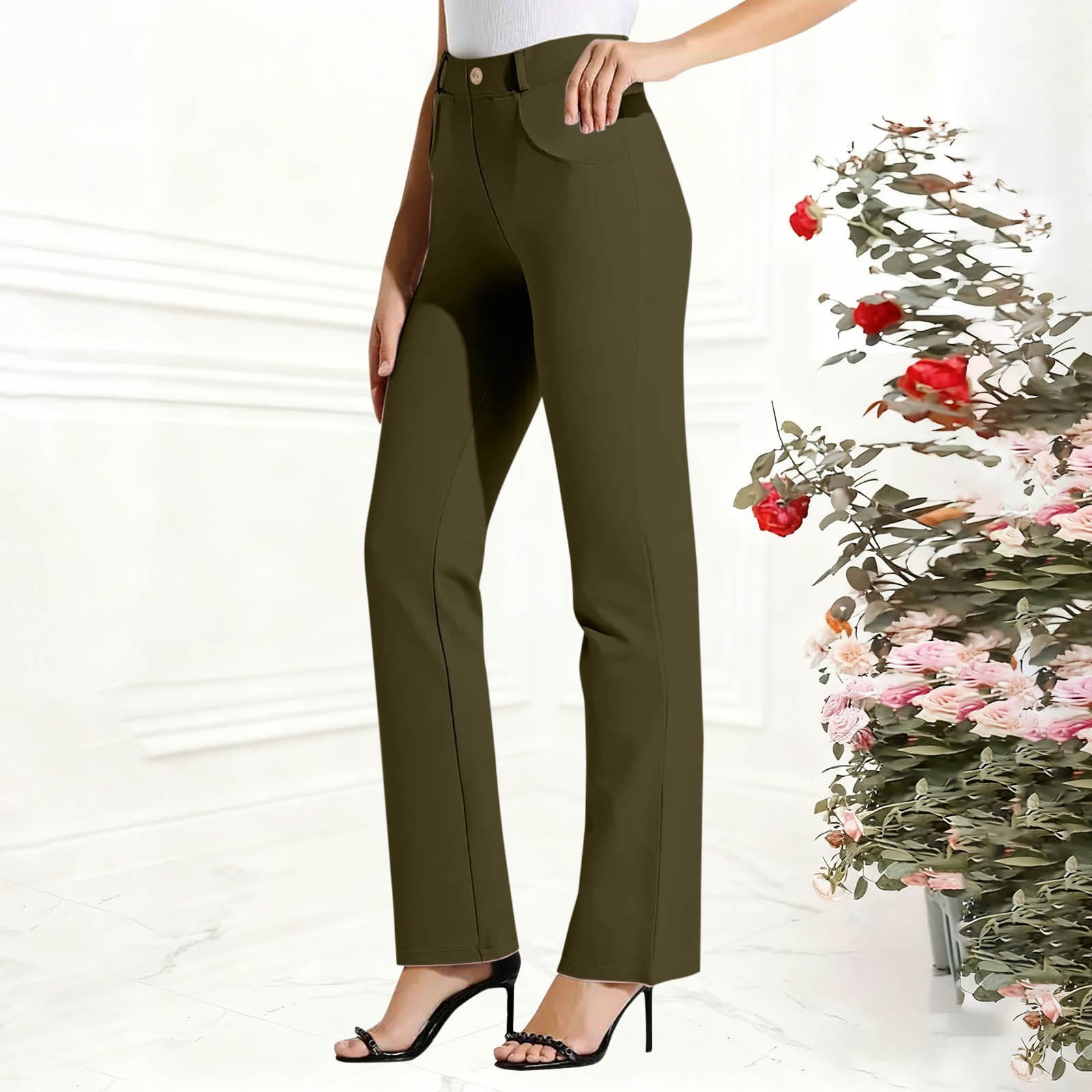 JIAYUE Ladies Spring Pants Straight-Leg Long Mid Waisted Solid Color ...