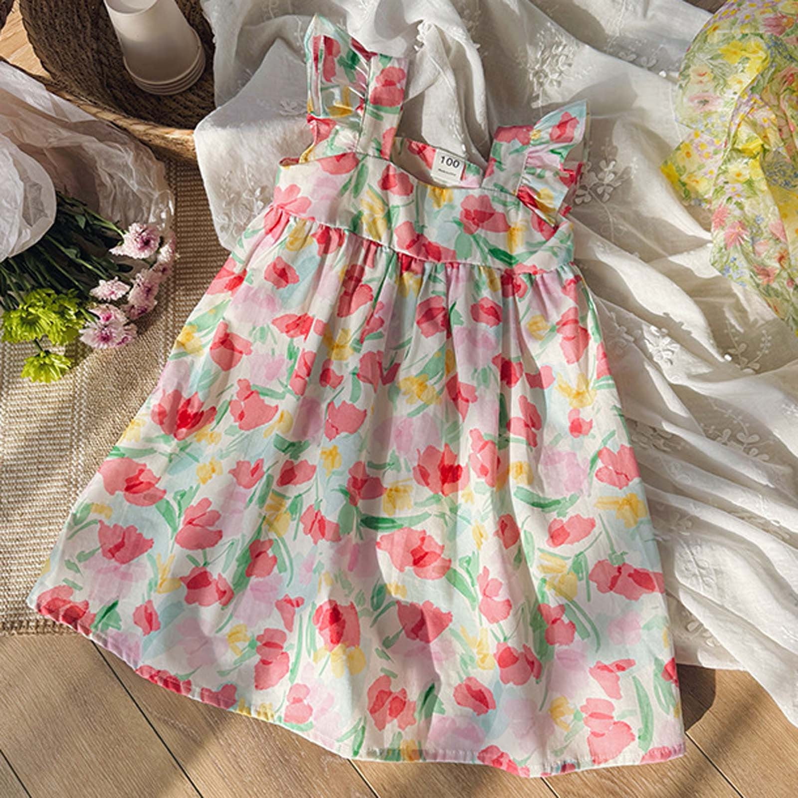 JIAYUE Spring Dresses For Girls Floral Sleeveless Square Neckline Mid ...