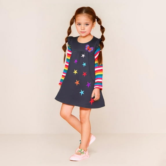 JIAYUE Spring Summer Kids Girls Dresses Stars Rainbow Embroidered Crew ...
