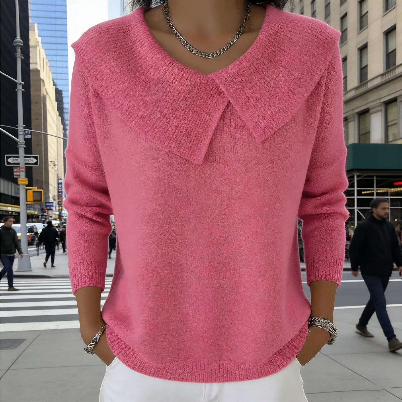 JIAYUE Sweater For Women Solid Color Long Sleeve Collared Slim Peter ...