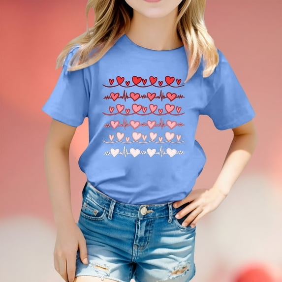 JIAYUE Tops For Kids Valentines Day Cartoon Print Short Sleeve Crew ...