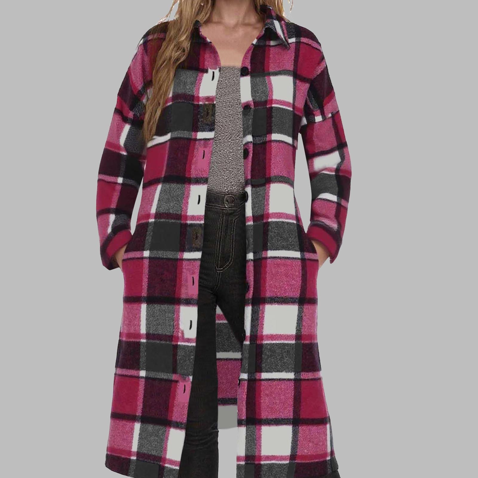 JIAYUE Women Daily Outerwear Plaid Long Sleeve Loose Button Overcoat ...