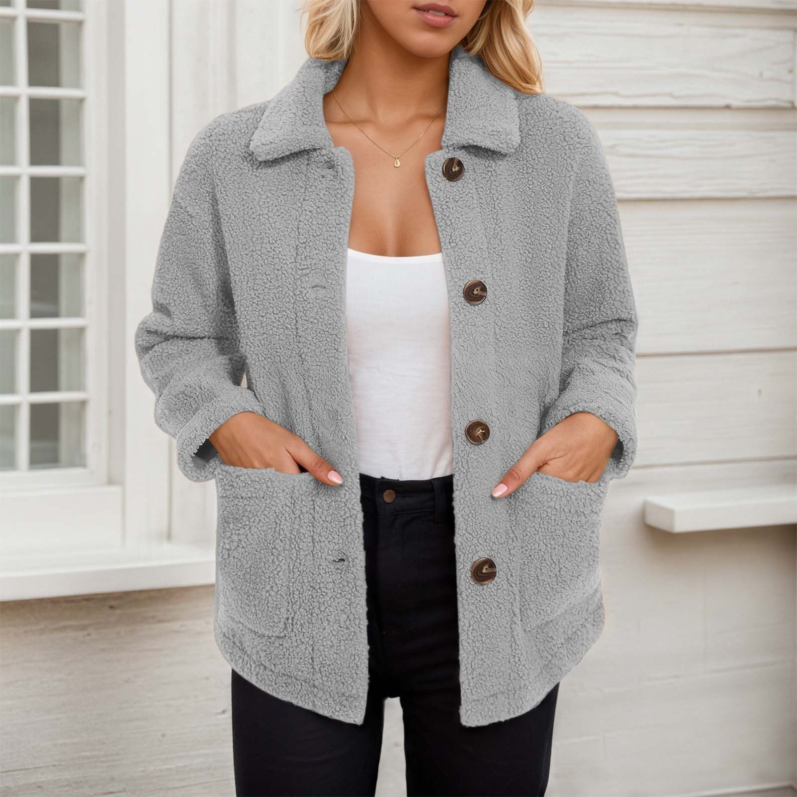 JIAYUE Women Fall Winter Outerwear Solid Color Long Sleeve Relaxed Fit ...