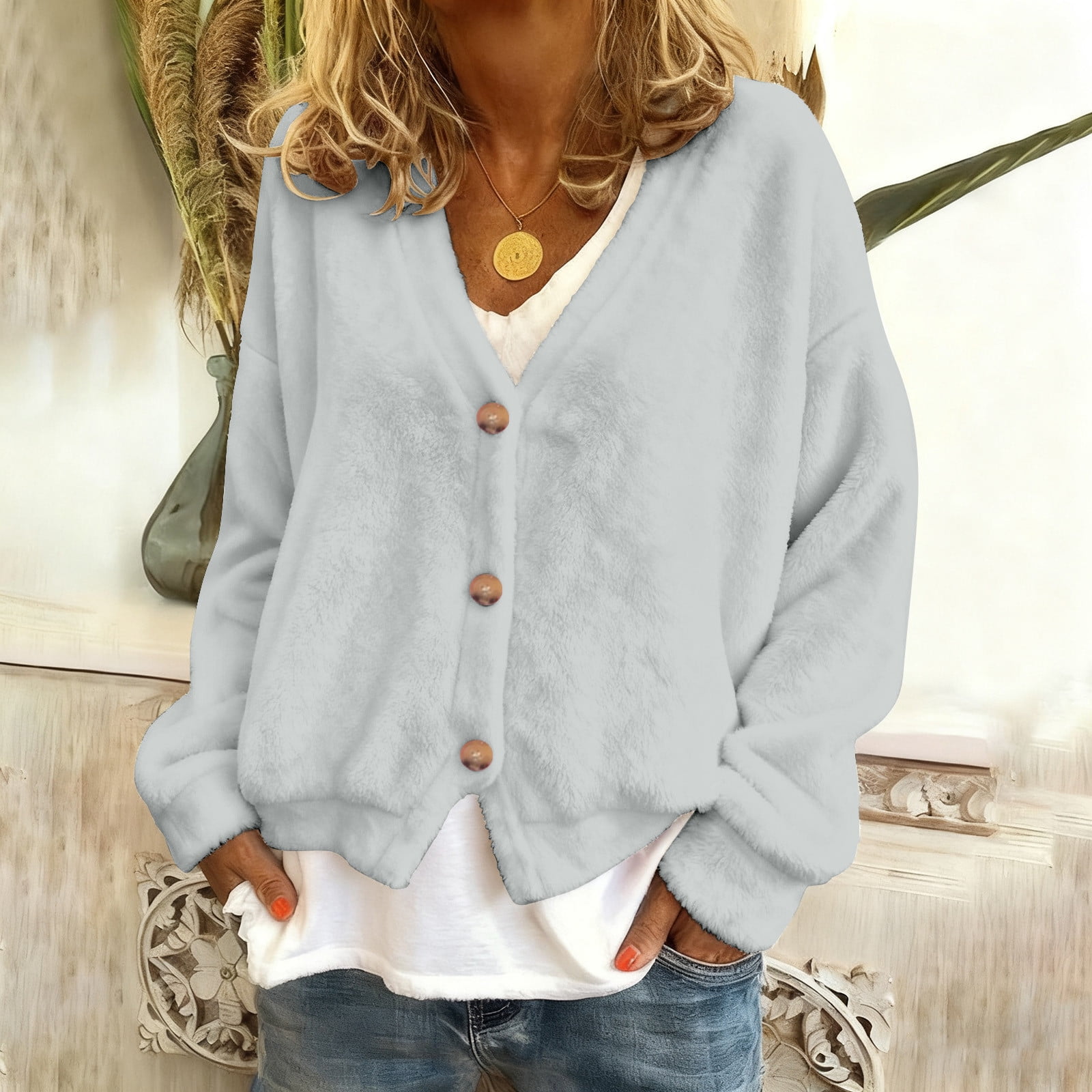 JIAYUE Women Outerwear Jacket Solid Color Long Sleeve Relaxed Fit Button Windbreaker For Stylish ...