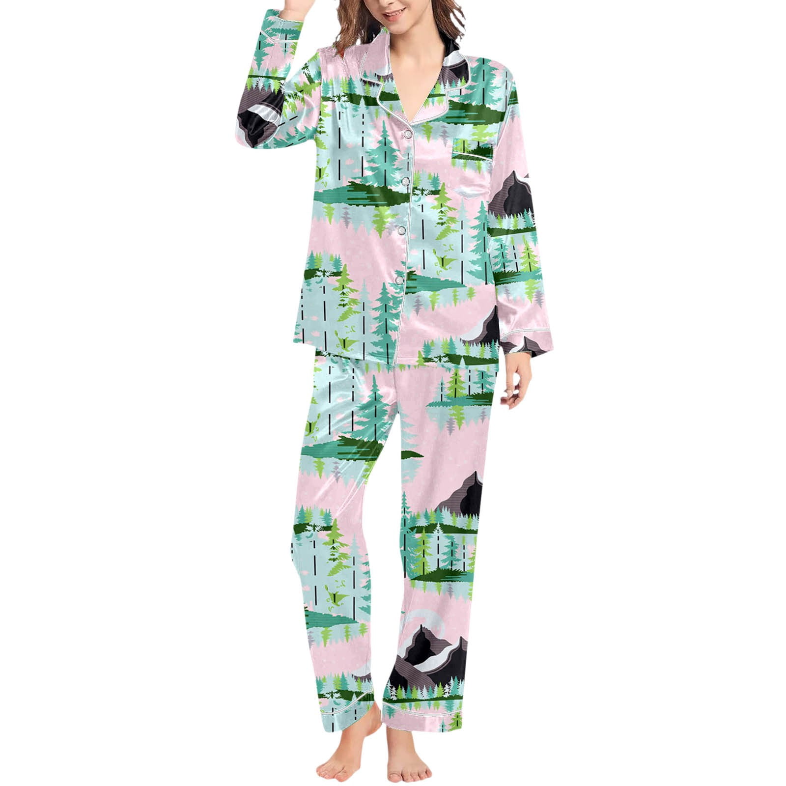 JIAYUE Women Pajama Set Notch Collar Pattern Print Satin Sleepwear Long ...