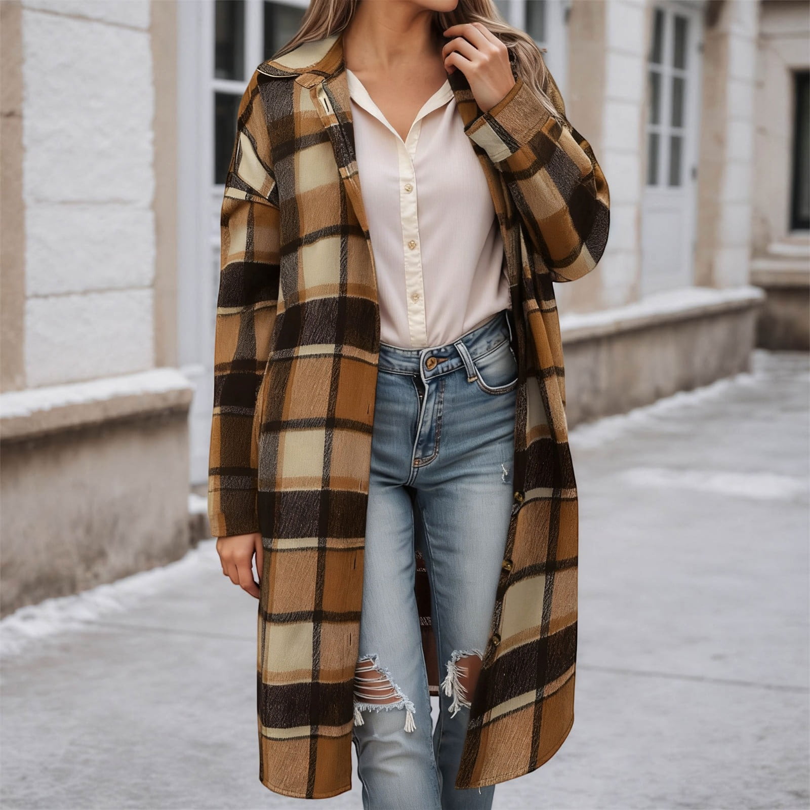 JIAYUE Womens Fall Winter Jacket Plaid Long Sleeve Loose Button Snug ...