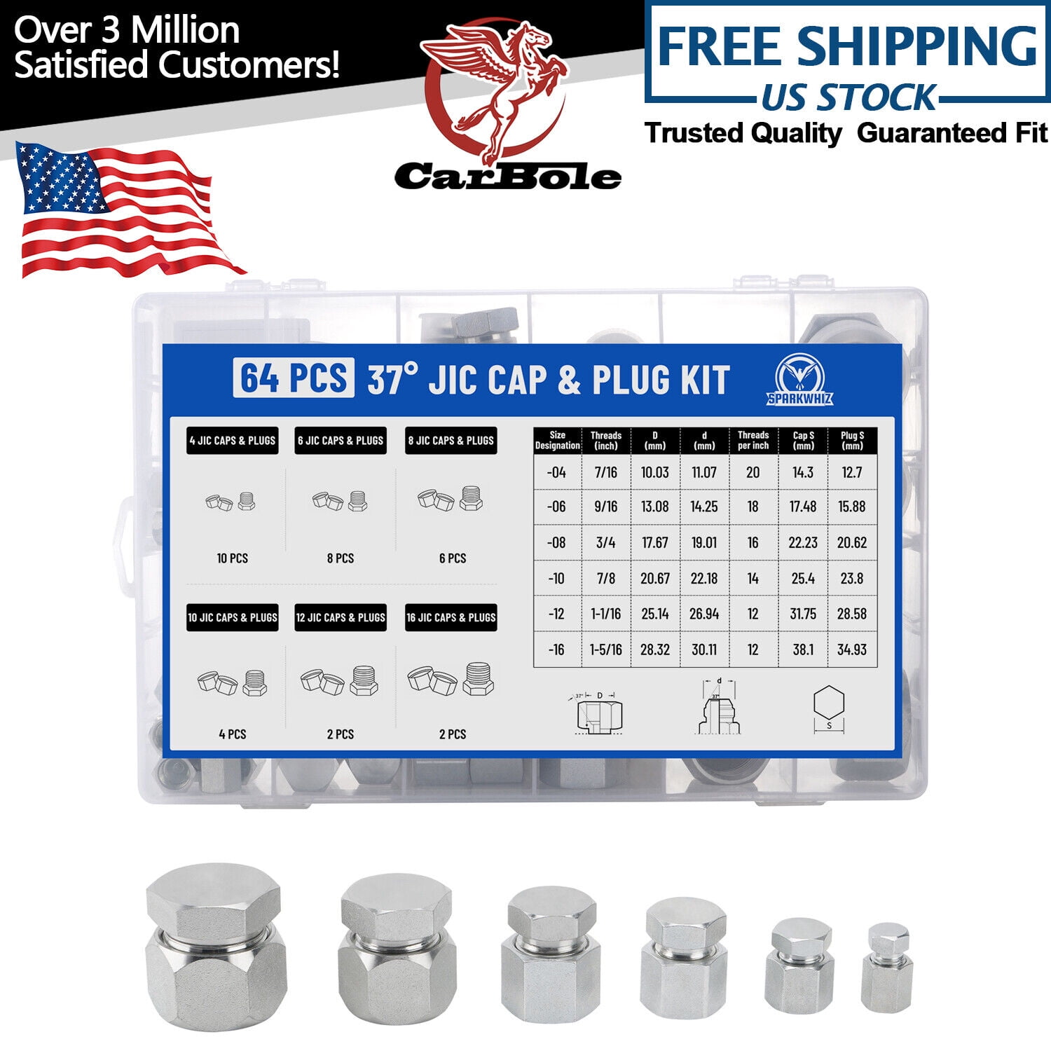 JIC Hydraulic Cap and Plug Kit Hose Tube and Pipe Fitting Set with Case ...