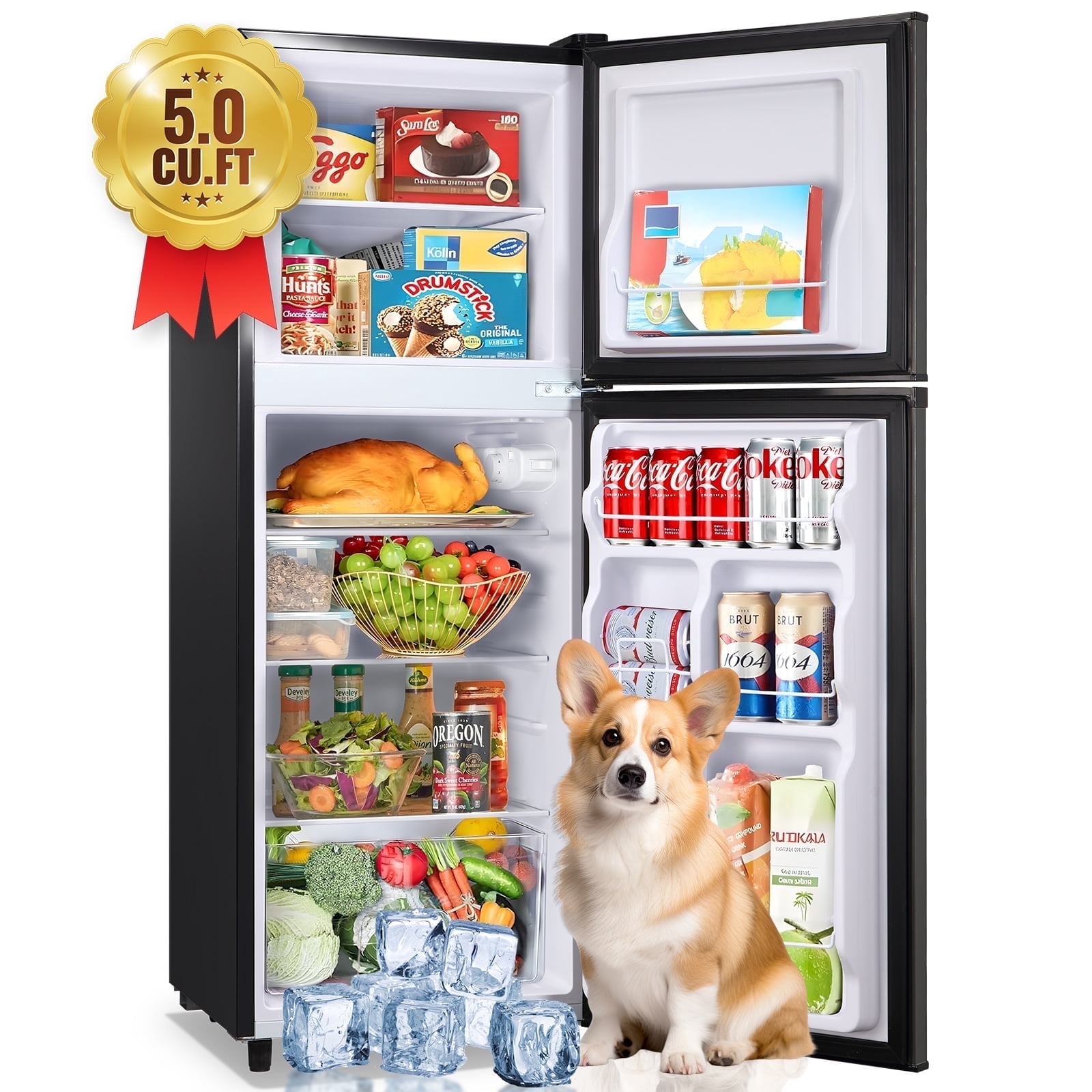 JIEJIA Double Door Small Refrigerator, 5.0 Cubic Feet Mini Fridge with ...