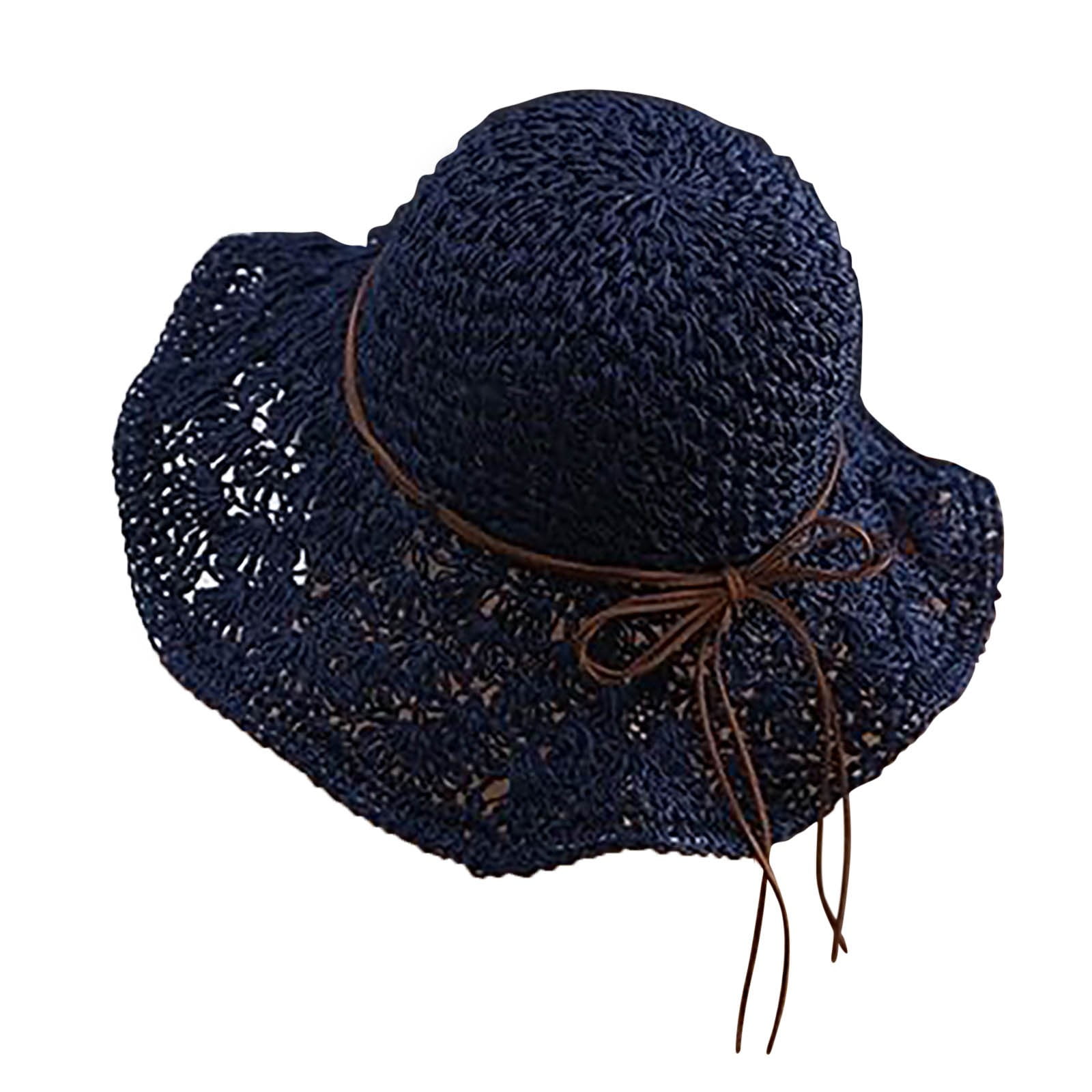 JIEU Crochet Sun Shade Foldable Leather String Tie Large Brimmed Straw ...