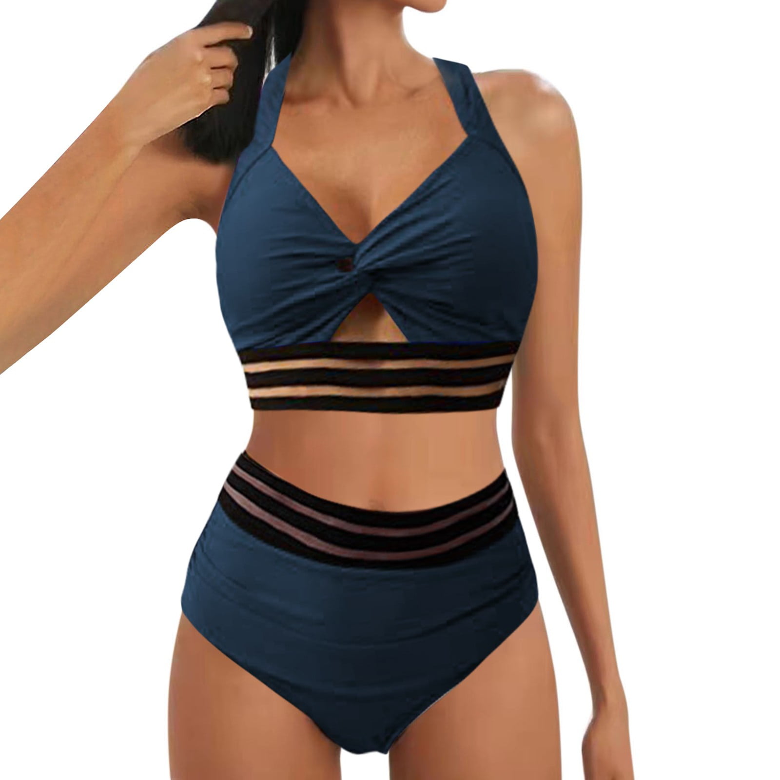 Jieying Ladies Summer Solid High Rise Cutout Bikini Set Swimsuit Gray