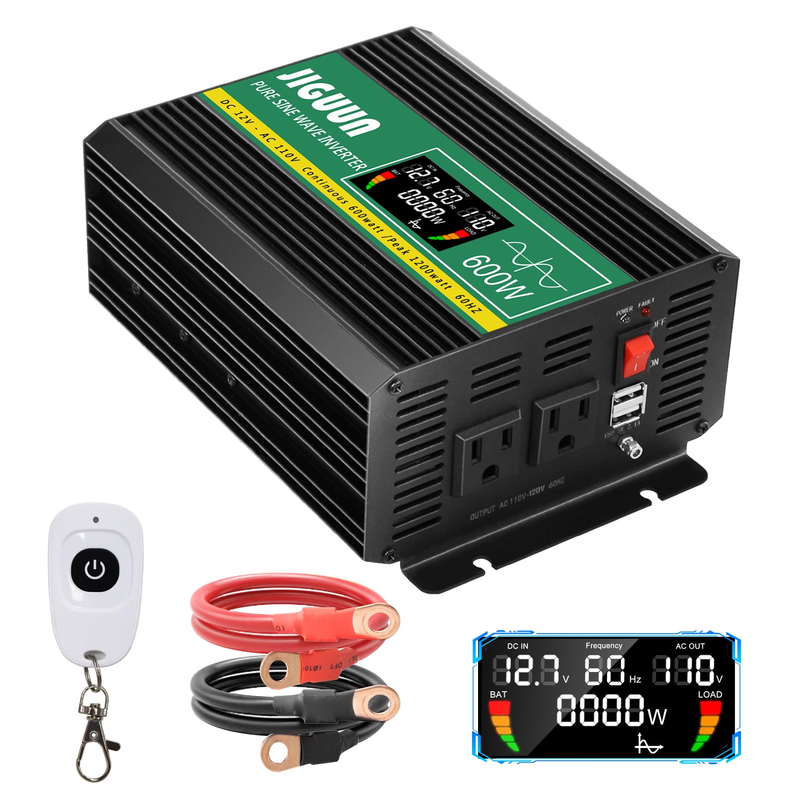 JIGUUN pure sine wave inverter 600W, Wireless Remote Control 12V DC to ...