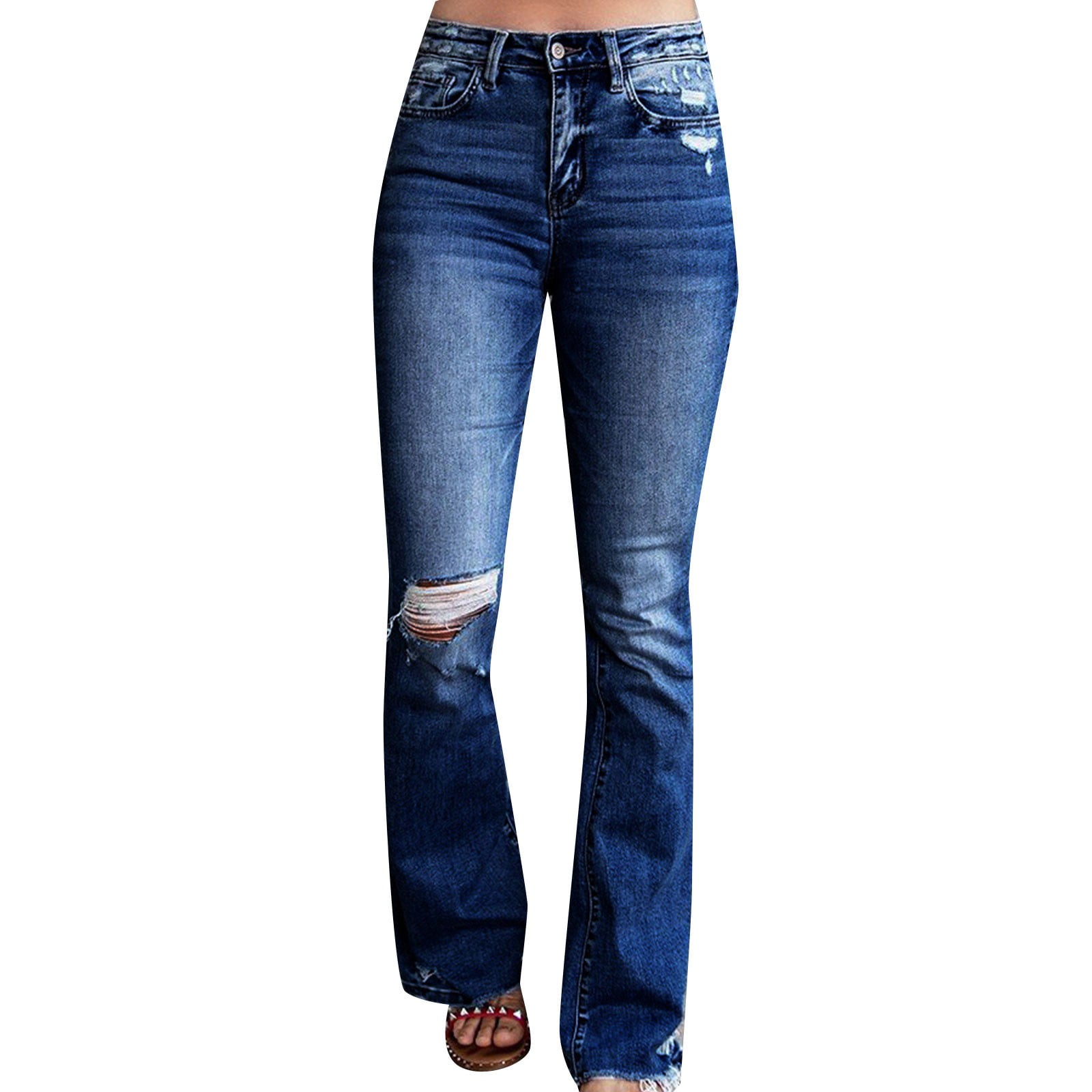 JIKNTTR Bell Bottom Jeans for Women Wear Holes High Waisted Retro ...