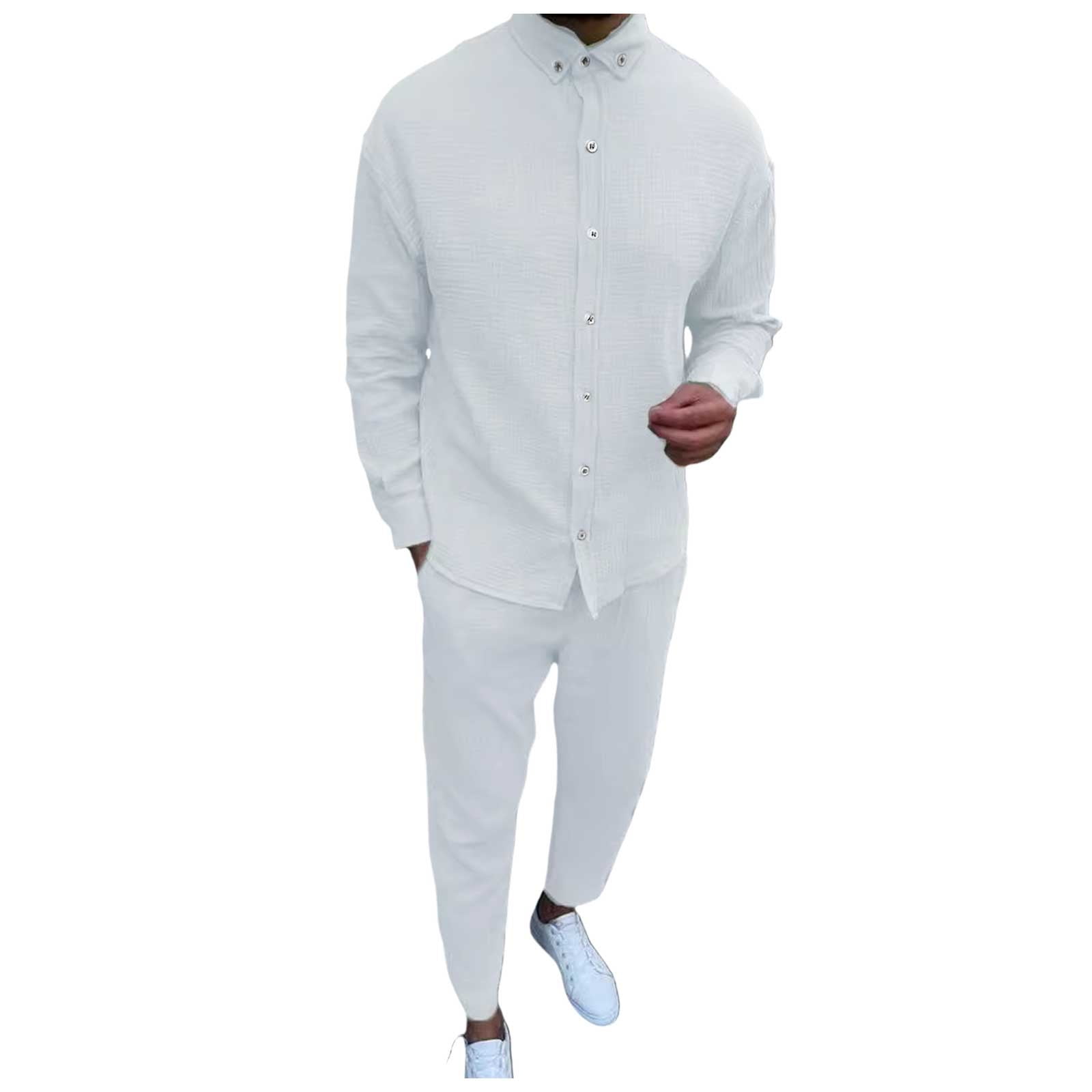 JIKNTTR Men's Hawaiian Matching Set Wrinkly Casual Suit Long Sleeve ...
