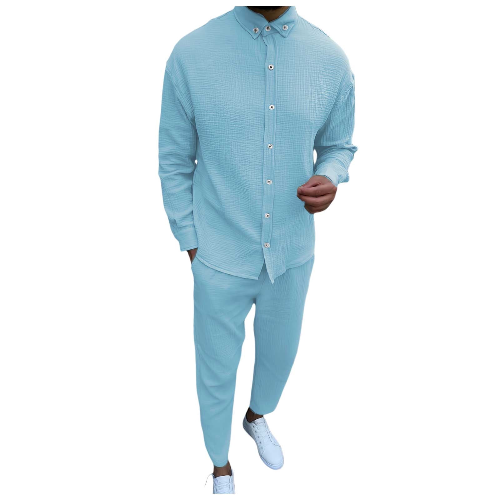 JIKNTTR Men's Hawaiian Matching Set Wrinkly Casual Suit Long Sleeve ...