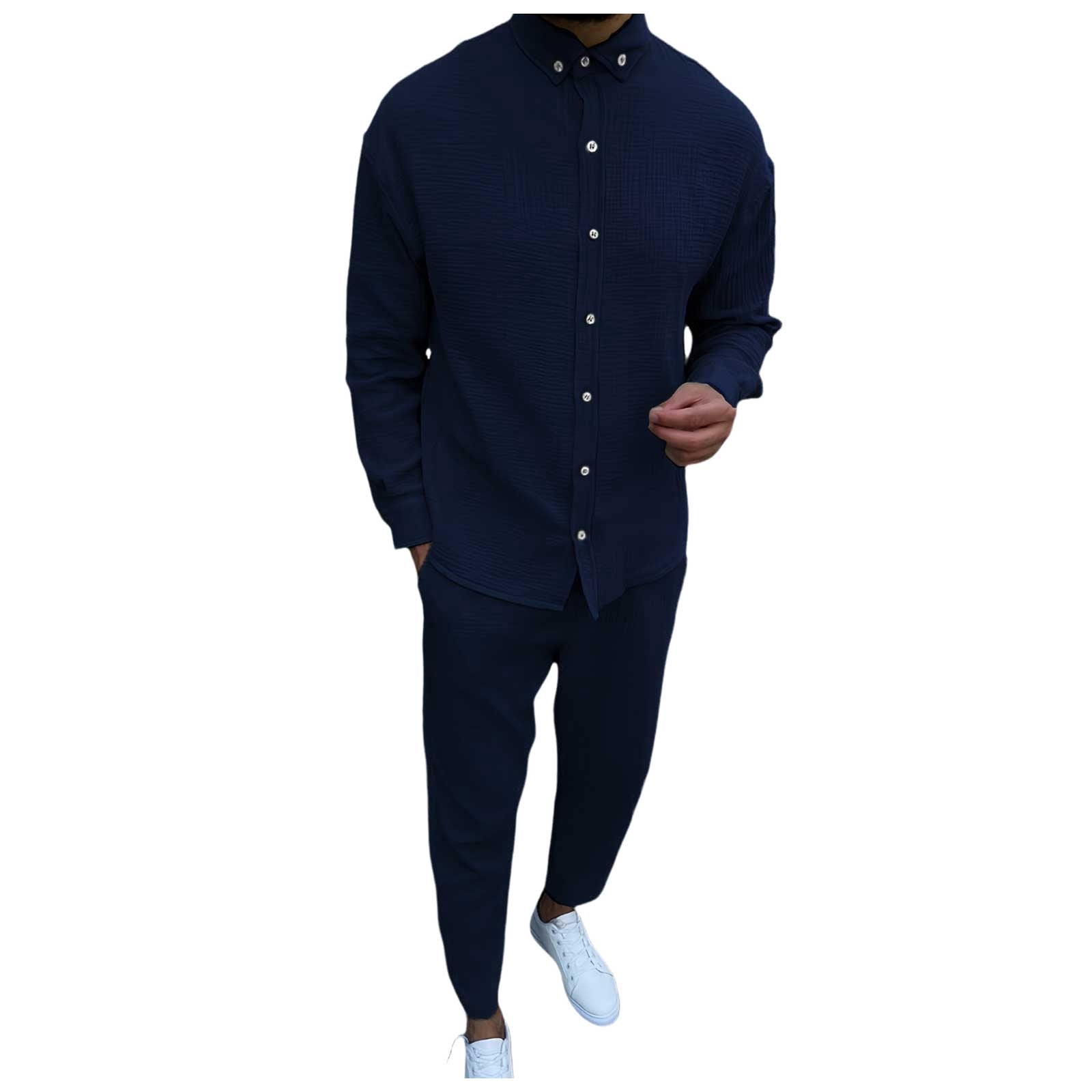 JIKNTTR Men's Hawaiian Matching Set Wrinkly Casual Suit Long Sleeve ...
