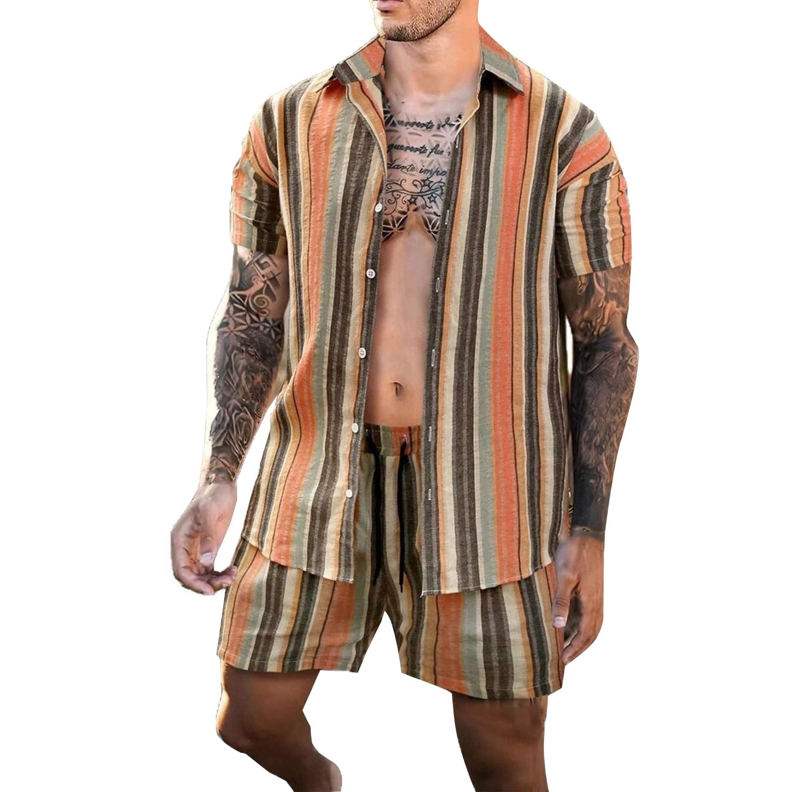 JIKNTTR Mens Casual Shorts Men's Hawaiian Matching Set Retro Striped ...