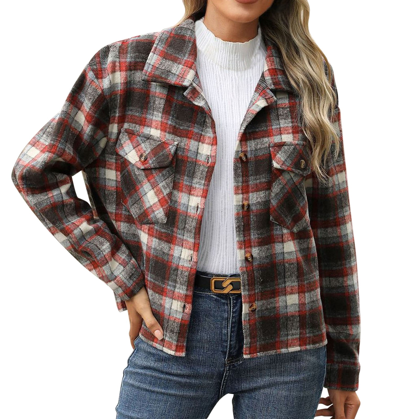 JIKNTTR Women Jacket Casual Oversized Plaid Jacket 2024 Fall Winter ...