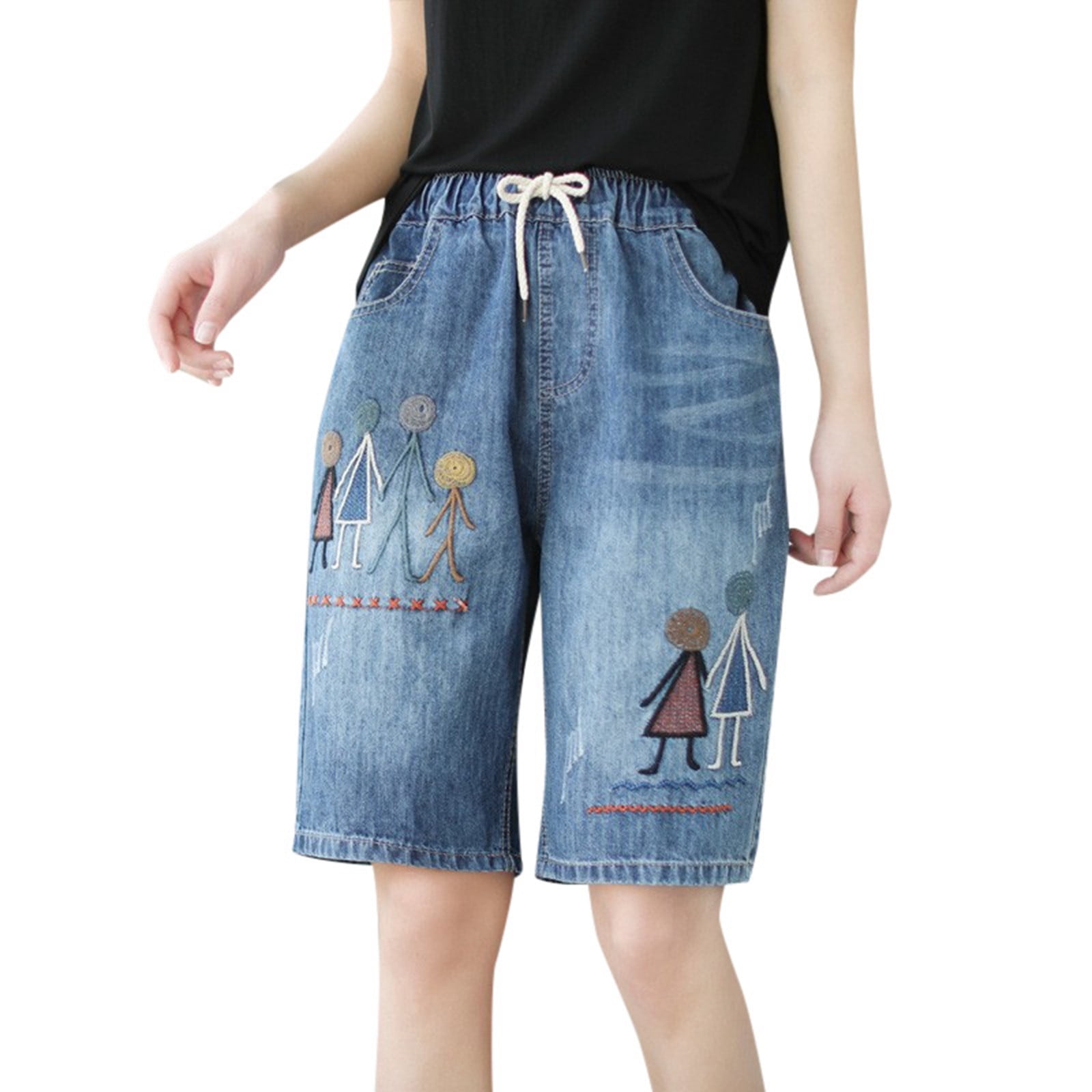 JIKNTTR Women's Capri Pants Summer Retro Style Embroidery Self Tie Plus ...