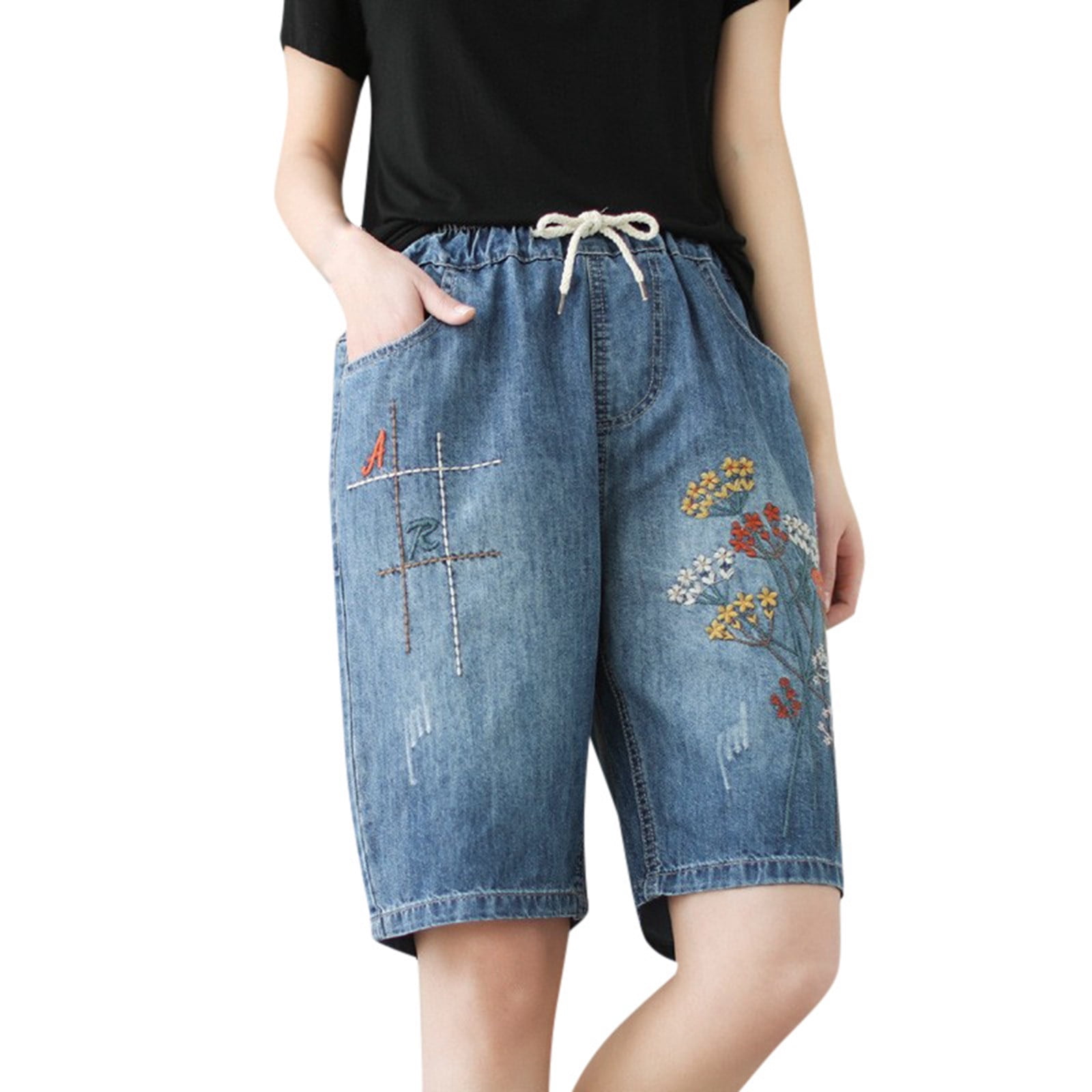 JIKNTTR Women's Capri Pants Summer Retro Style Embroidery Self Tie Plus ...