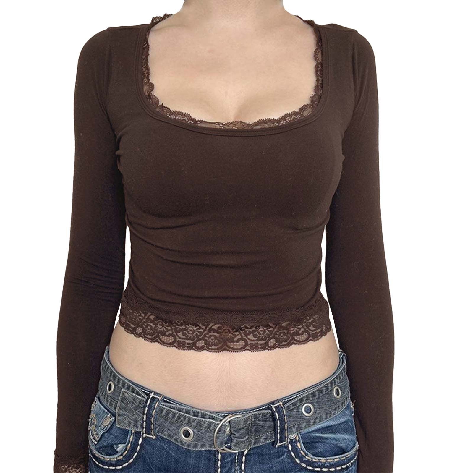 JIKNTTR Women's Lace Collar Square Neck Long Sleeve T Shirts Solid ...
