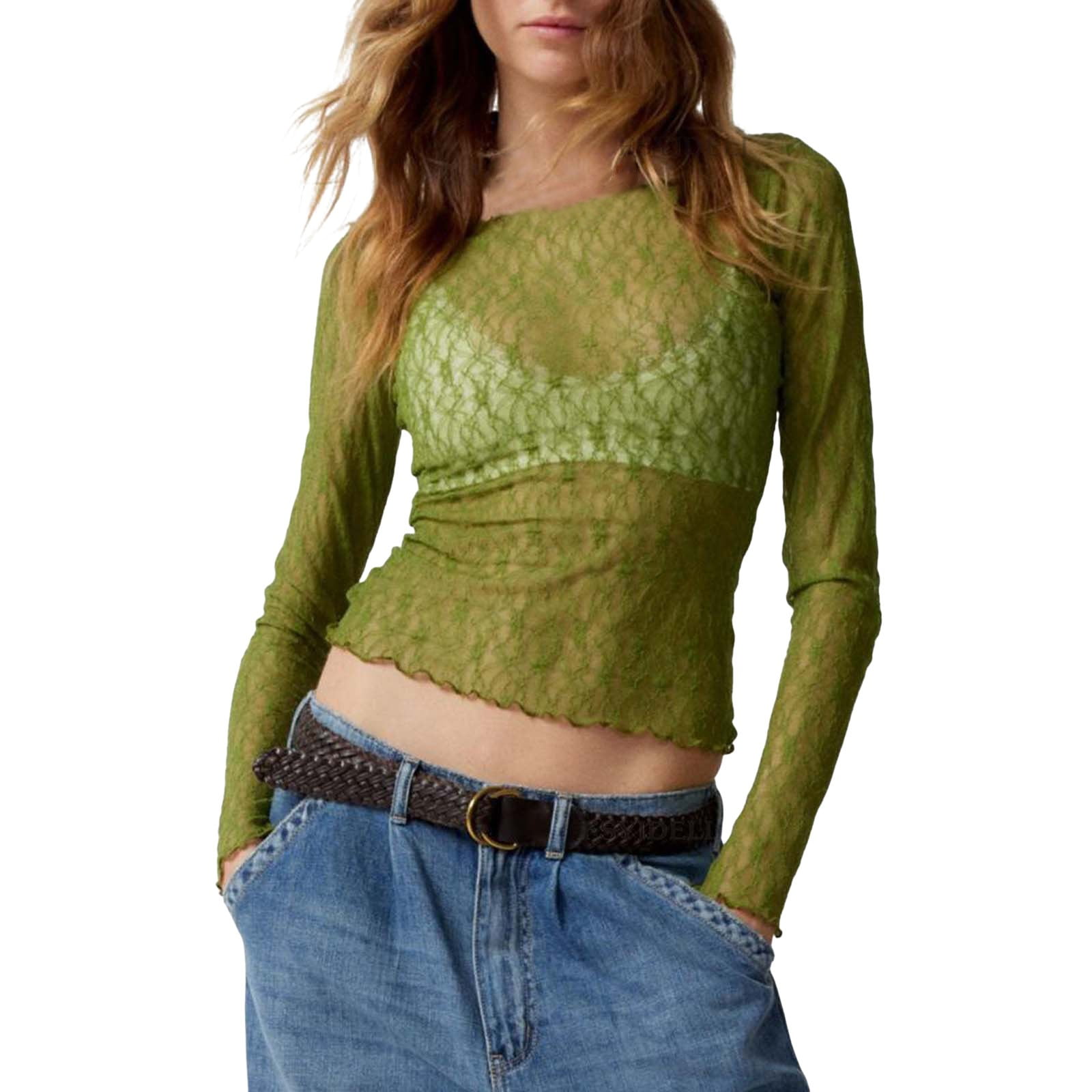 JIKNTTR Women's Lace Long Sleeve Top Sheer Mesh Cropped Top Floral Slim ...