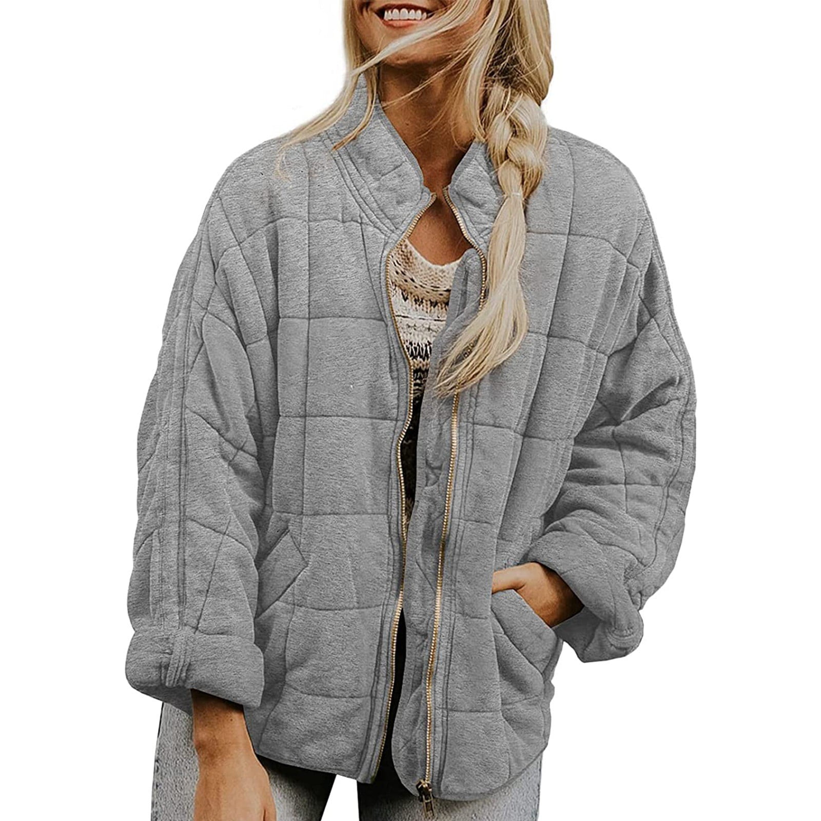 JIKNTTR Women Coats Solid Color Stand Collar Cotton Jacket Loose Fit ...