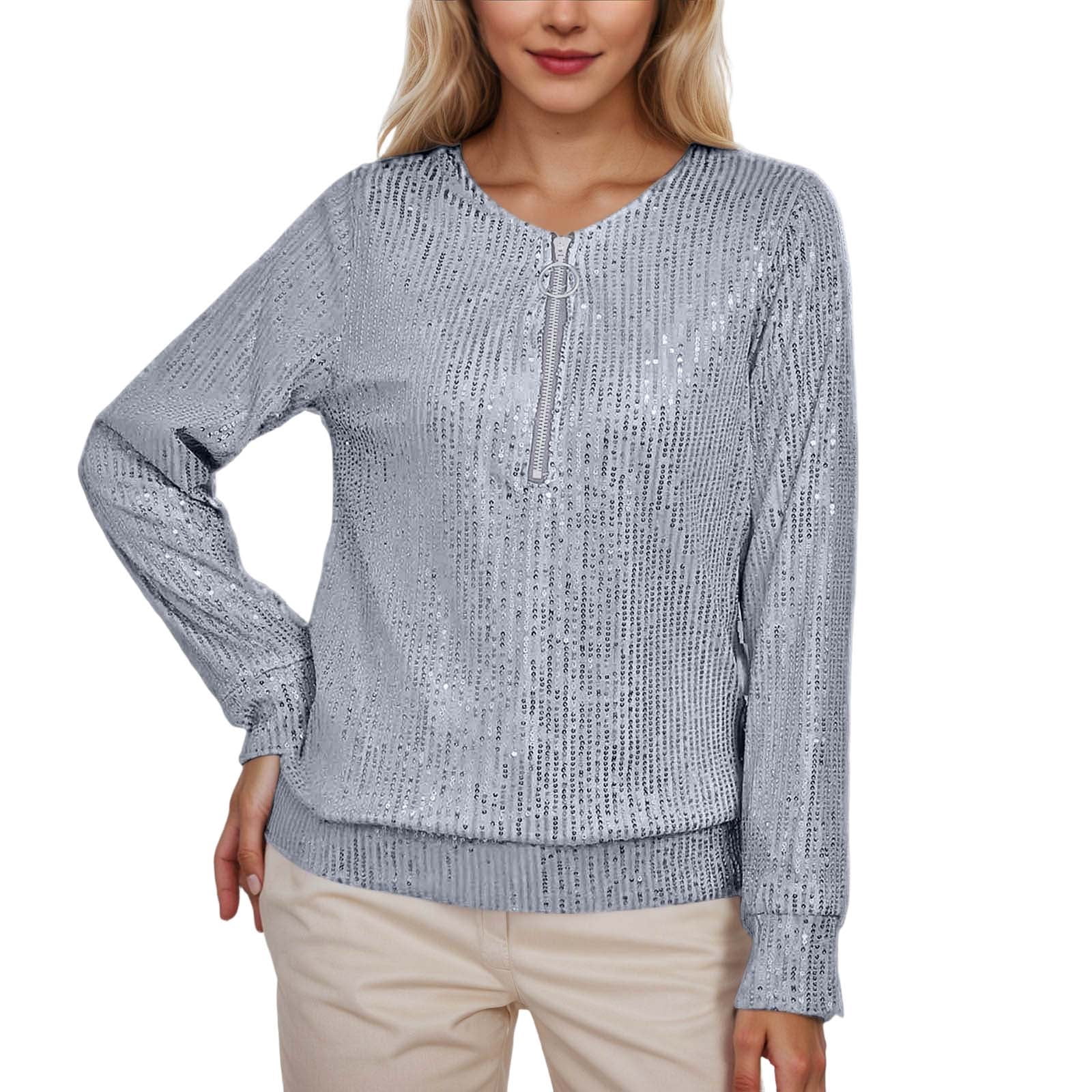 JIKNTTR Women's Quarter Zip Sequin Shirts Casual Round Neck Long Sleeve ...