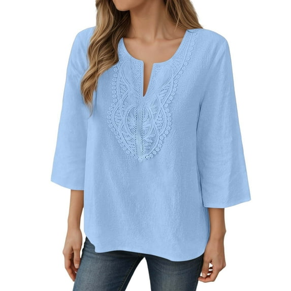 JIKNTTR Womens 3/4 Sleeve Tops Cotton Linen Shirts V Neck Lace Casual ...