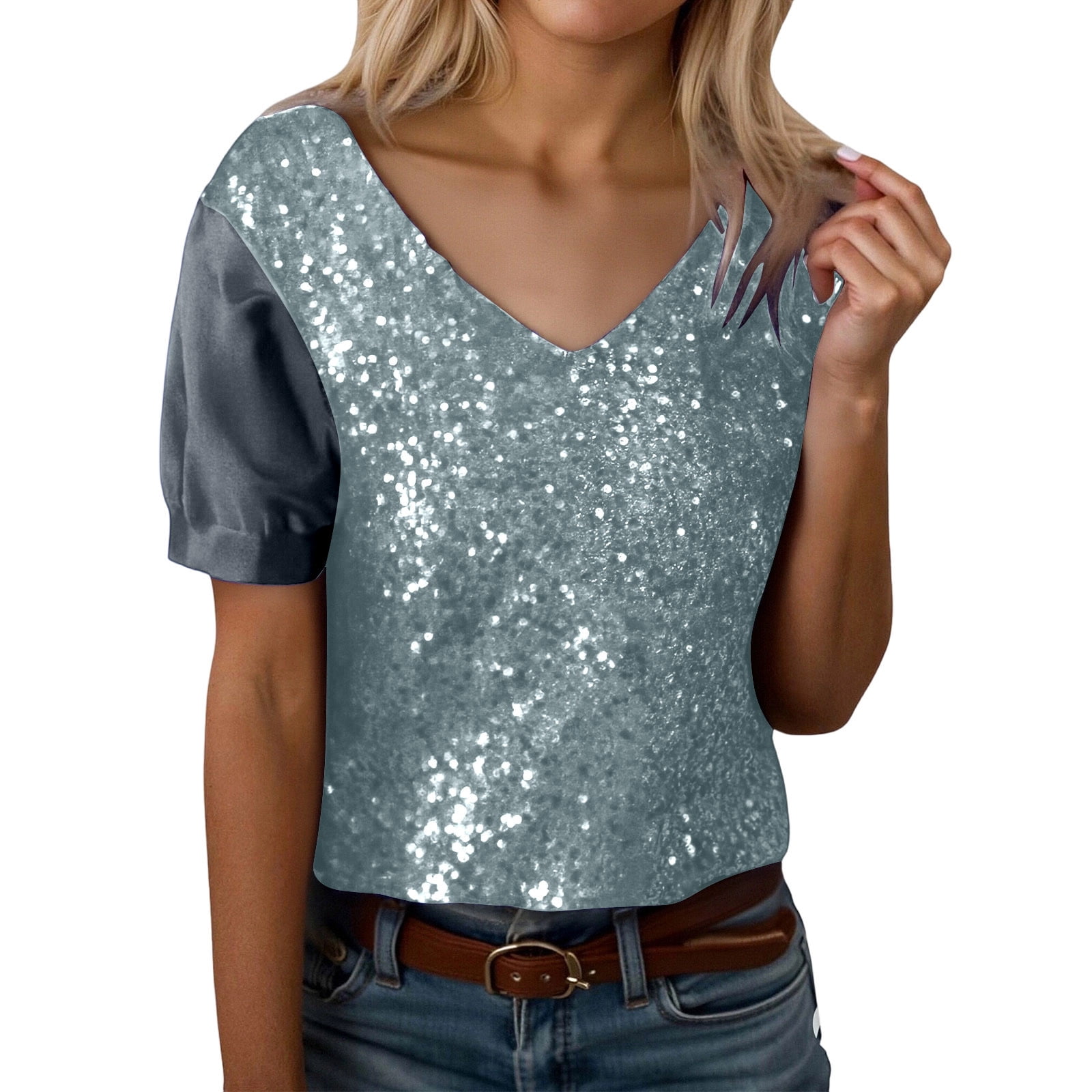 JIKNTTR Womens Sequin Tops Stylish Loose V Neck Short Sleeve T Shirt With Sparkling Comfort ...