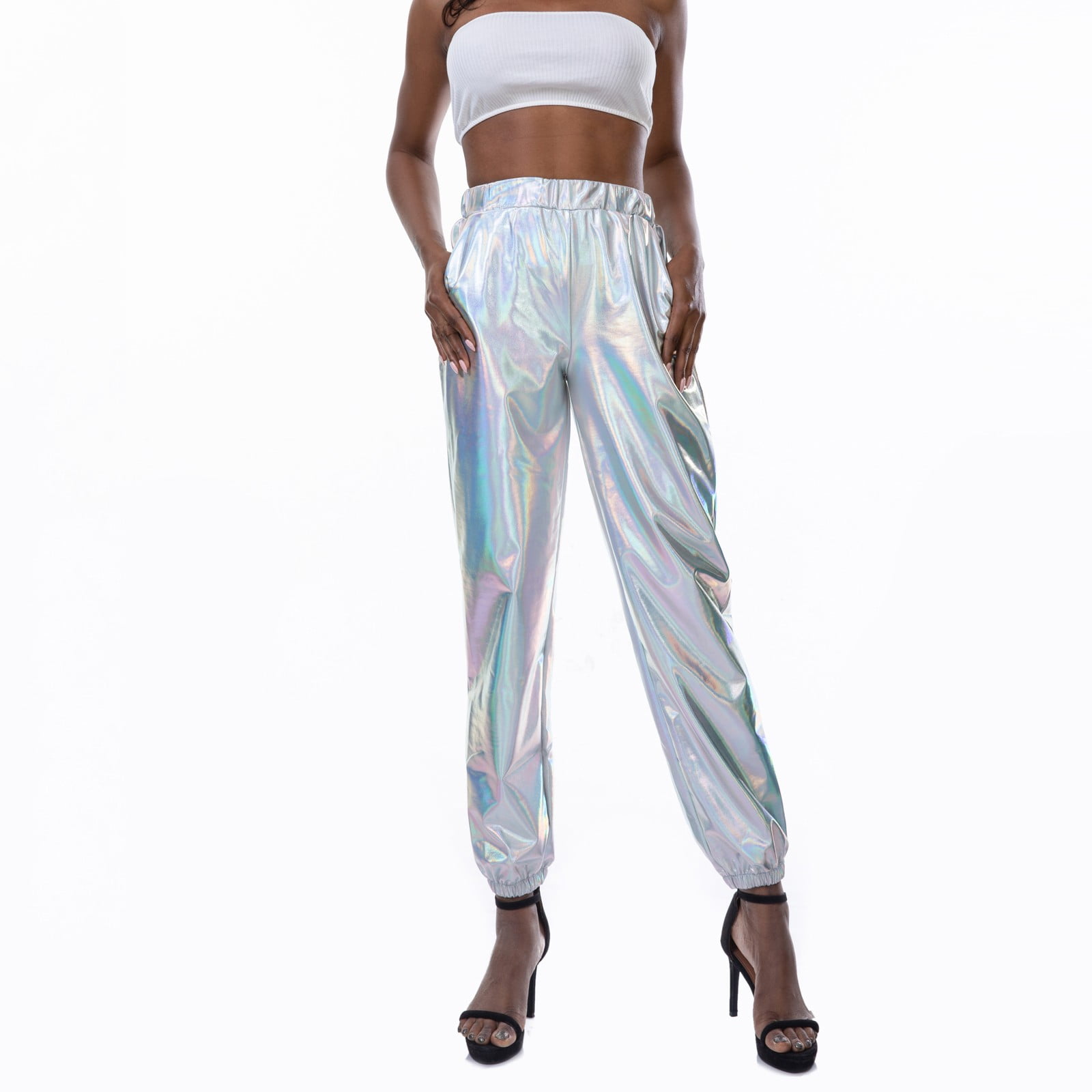 JIKNTTR Womens Shiny Metallic High Waist Stretchy Jogger Pants Fashion ...