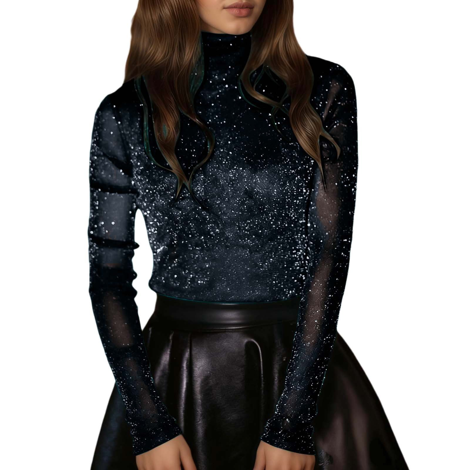 JIKNTTR Womens Tops Elegant Mock Neck Long Sleeves T Shirts Lace Mesh ...