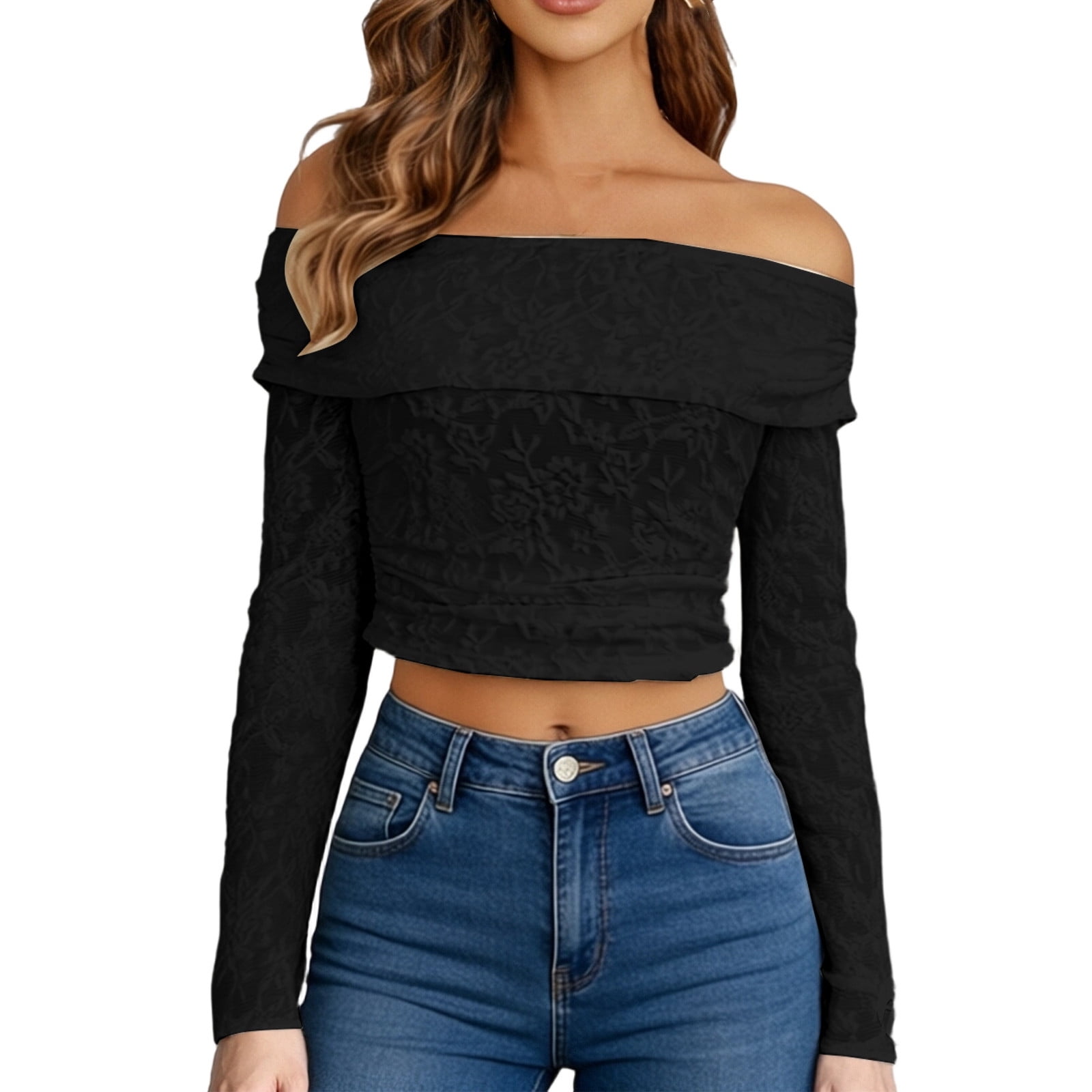 JIKNTTR Womens Tops Elegant Off-Shoulder T Shirts Long Sleeve Slim Fit ...