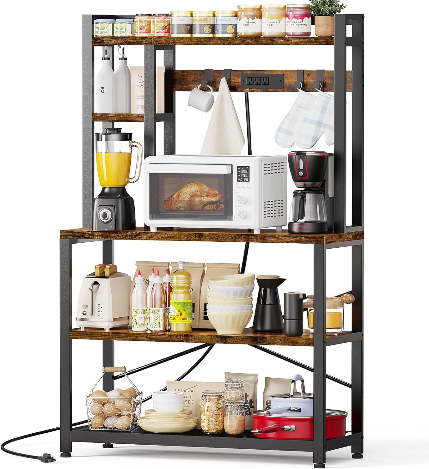 JIKUETWGTG 35.4" Bakers with Power Outlet 5 Shelves of Microwave Stand Kitchen Storage with Pull ...