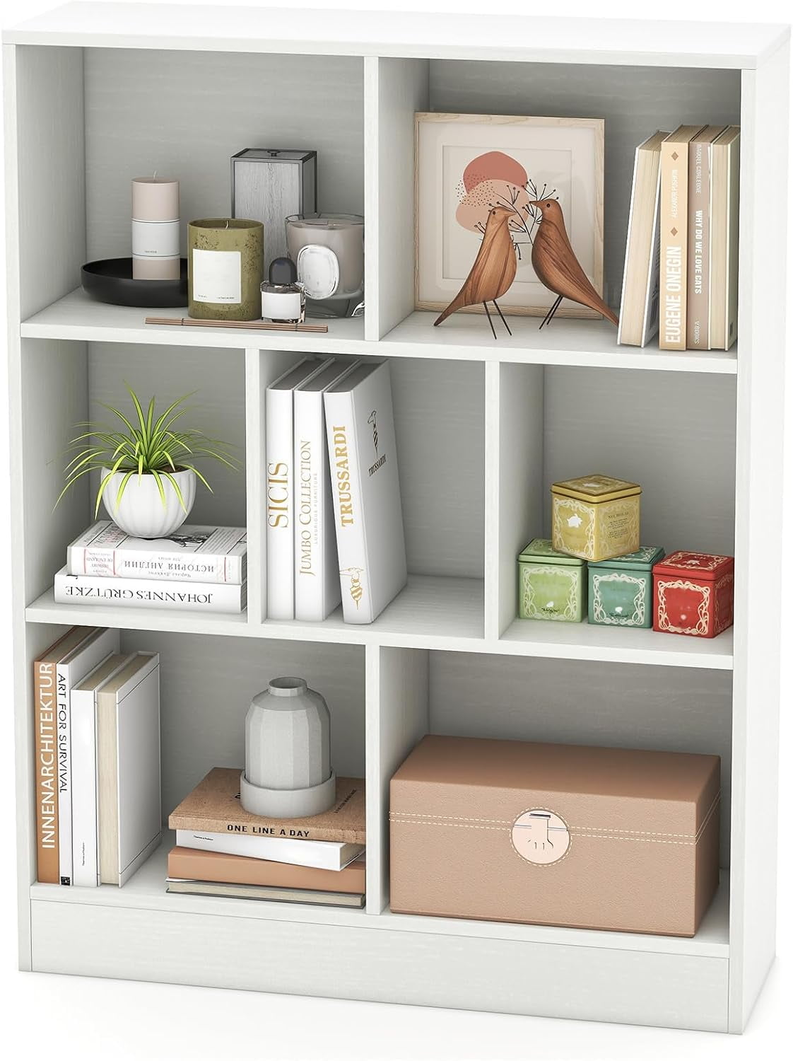 JIKUETWGTG 7 Cube Bookcase 4-Tier Freestanding Bookshelf w/ 7 Open Compartments 2 Anti-Tipping ...