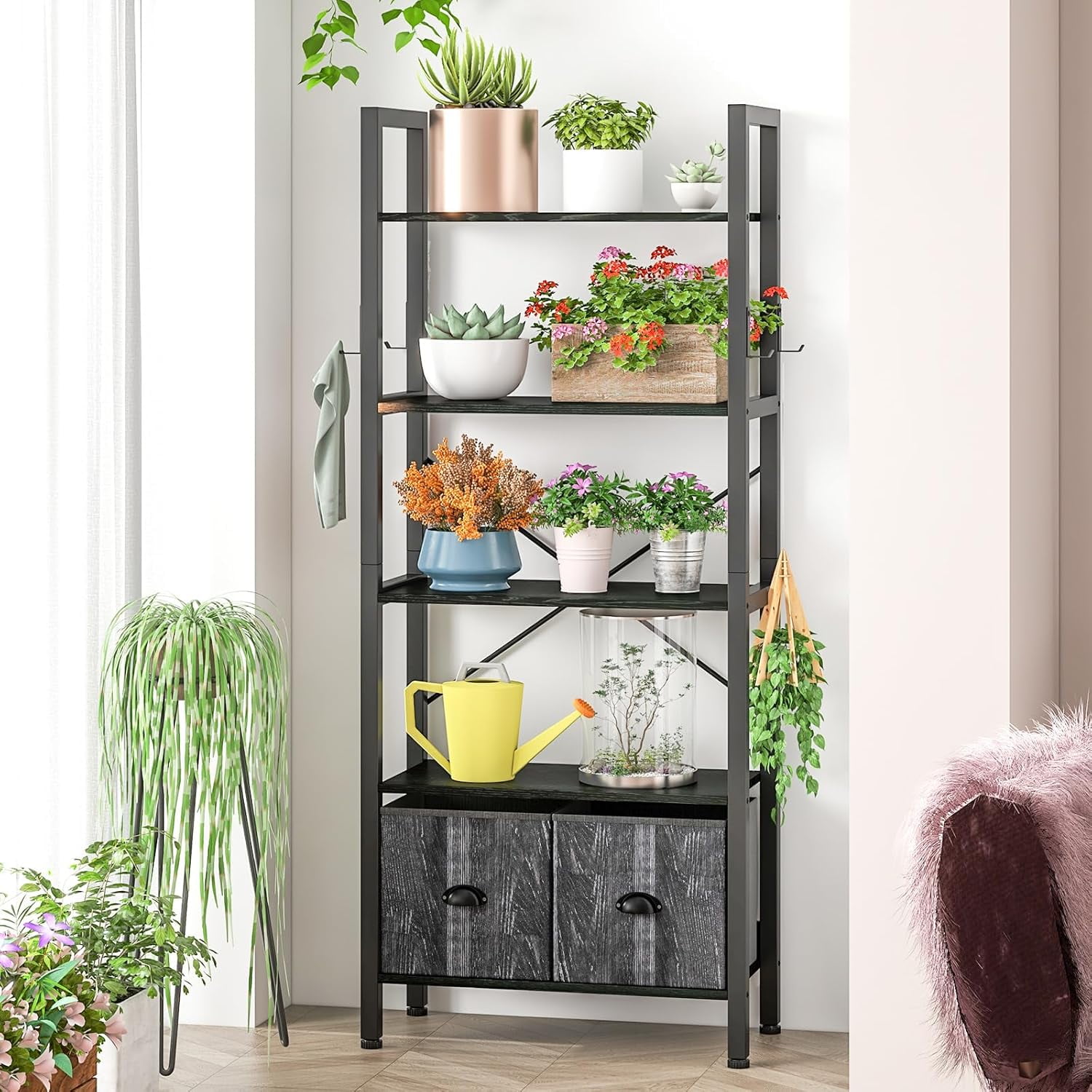 JIKUETWGTG Bookshelf 5 Tier Bookcase with Two Drawers Narrow ...