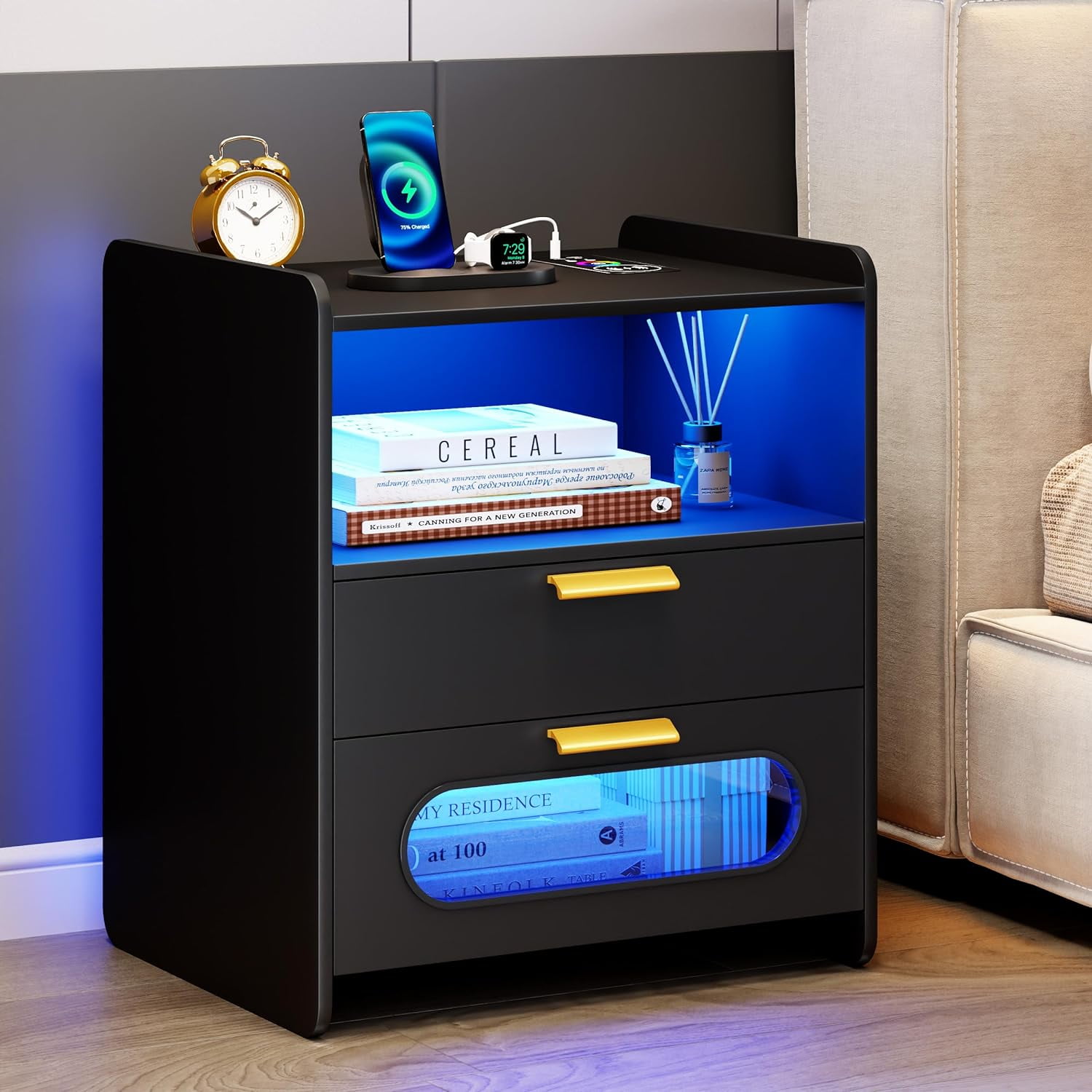 JIKUETWGTG End Table Nightstand with Charging Station Bedside Table ...