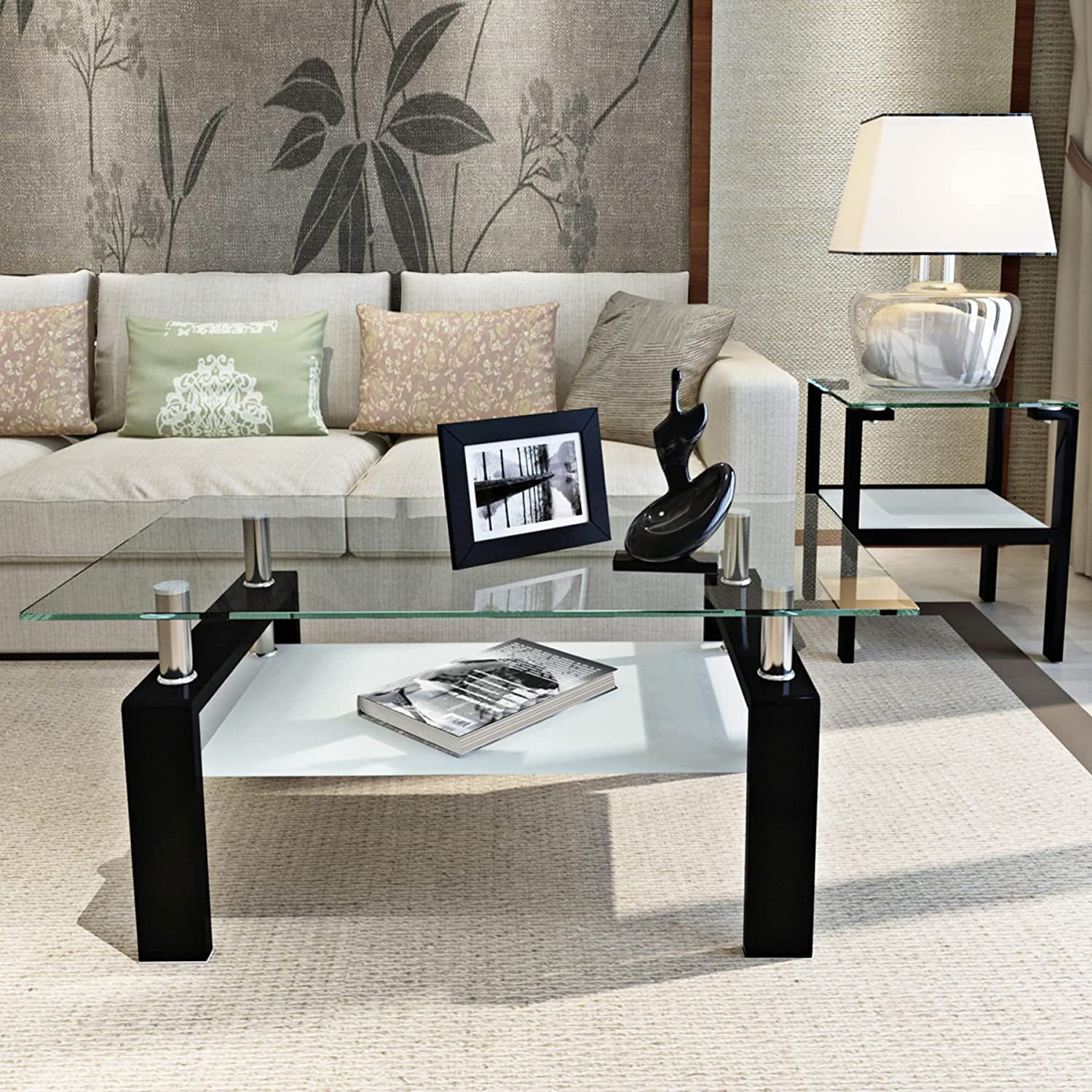 JIKUETWGTG Glass Coffee Table for Living Room Mordern End Table 2 Layer ...