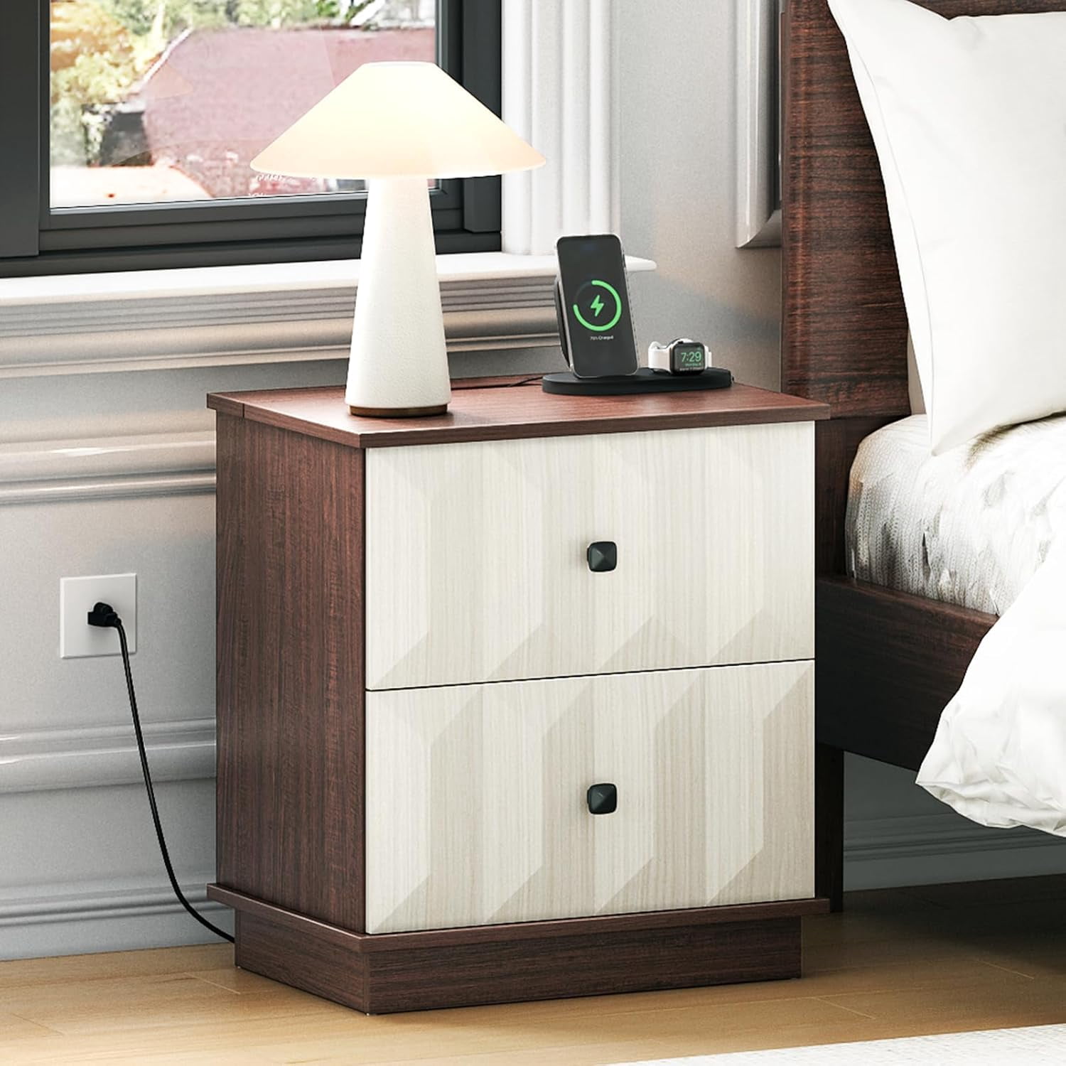 JIKUETWGTG Modern Farmhouse Nightstand with Charging Station Bed Side ...