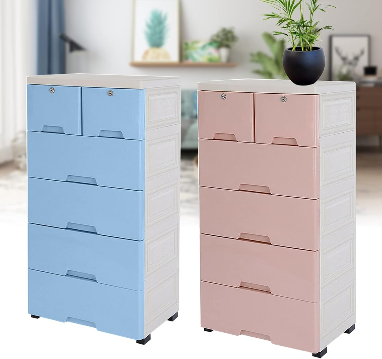 JIKUETWGTG Plastic Drawers Dresser with Lock Storage Cabinet with 6 ...