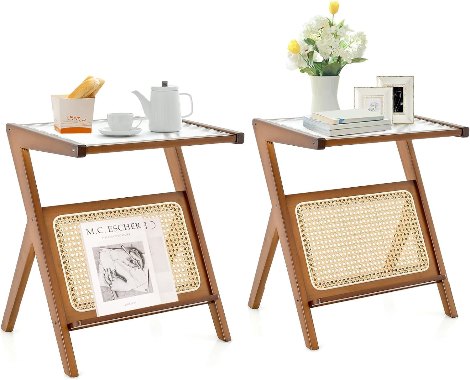 JIKUETWGTG Rattan Side Table Z-Shaped End Table with Tempered Glass Top ...