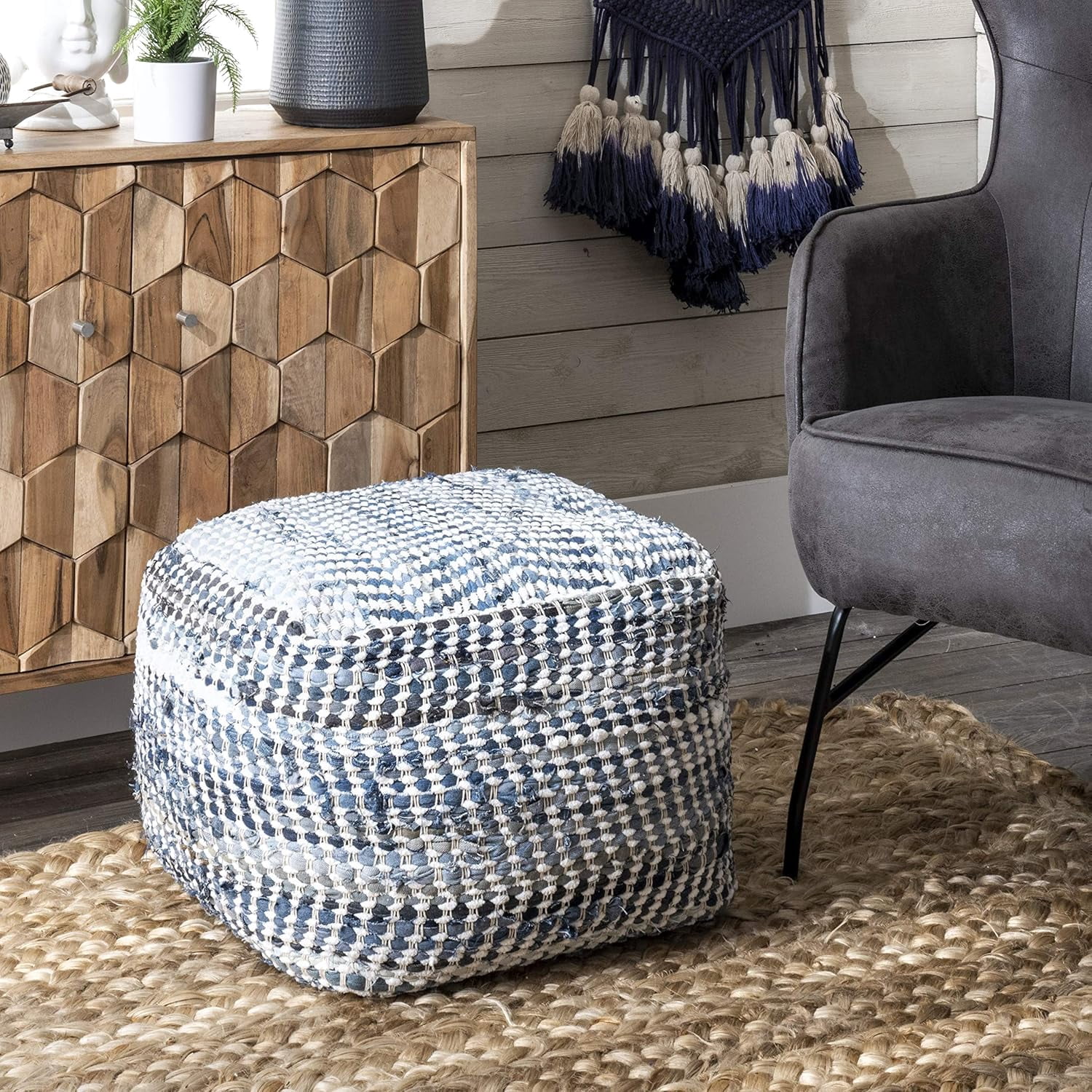 JIKUETWGTG Seville Handmade Denim Textured Filled Ottoman Pouf ...