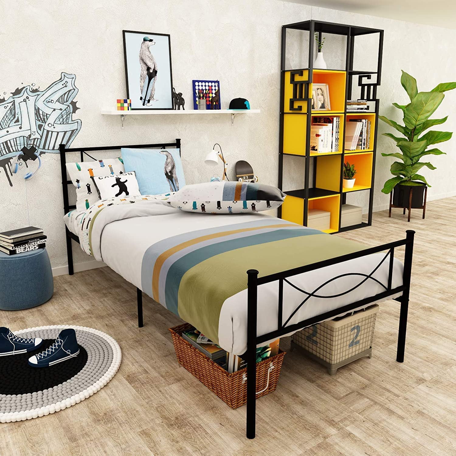 JIKUETWGTG Twin Bed Frames Box Spring Needed Easy Assembly Metal ...