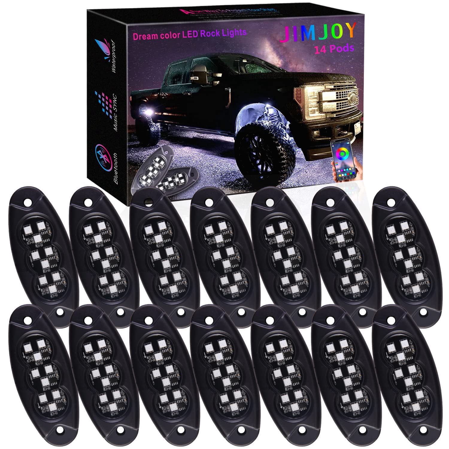 JIMJOY RGB LED Rock Lights,14 Pods Waterproof Multicolor Chasing Neon ...