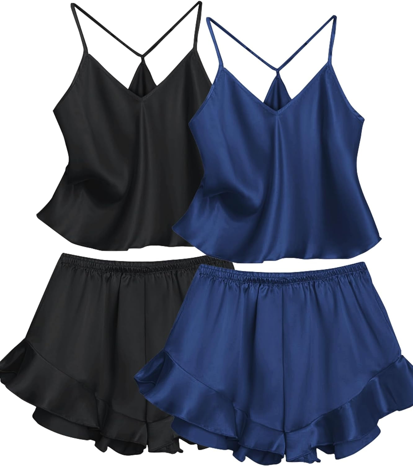 JIMTAB Women's Silk Ruffled Pajama Vest Two-piece Silk Set with ...